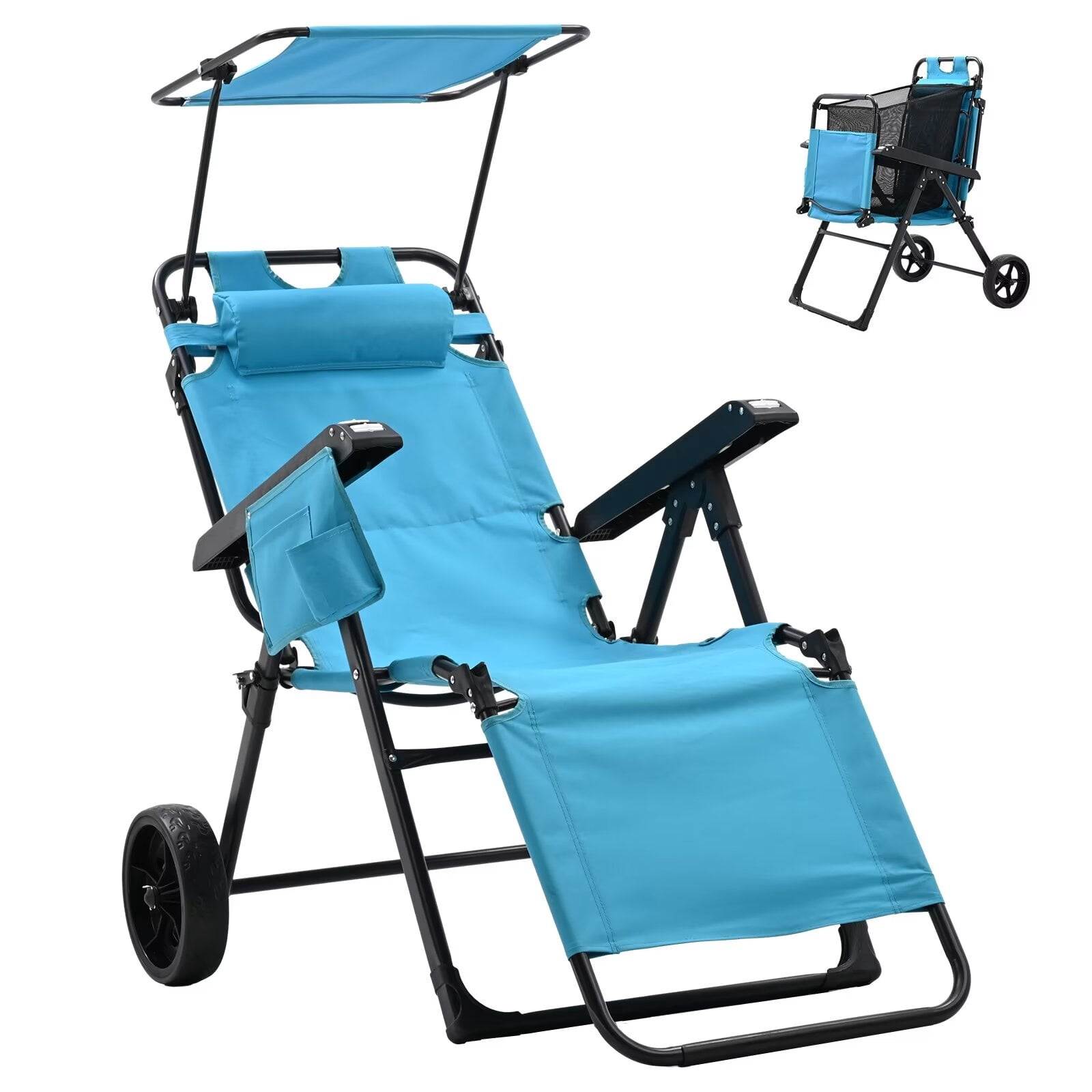 NAIZEA Beach Cart Chairs with Wheels, 2 in 1 Heavy Duty Beach Chair with Canopy Shade, Foldable ...