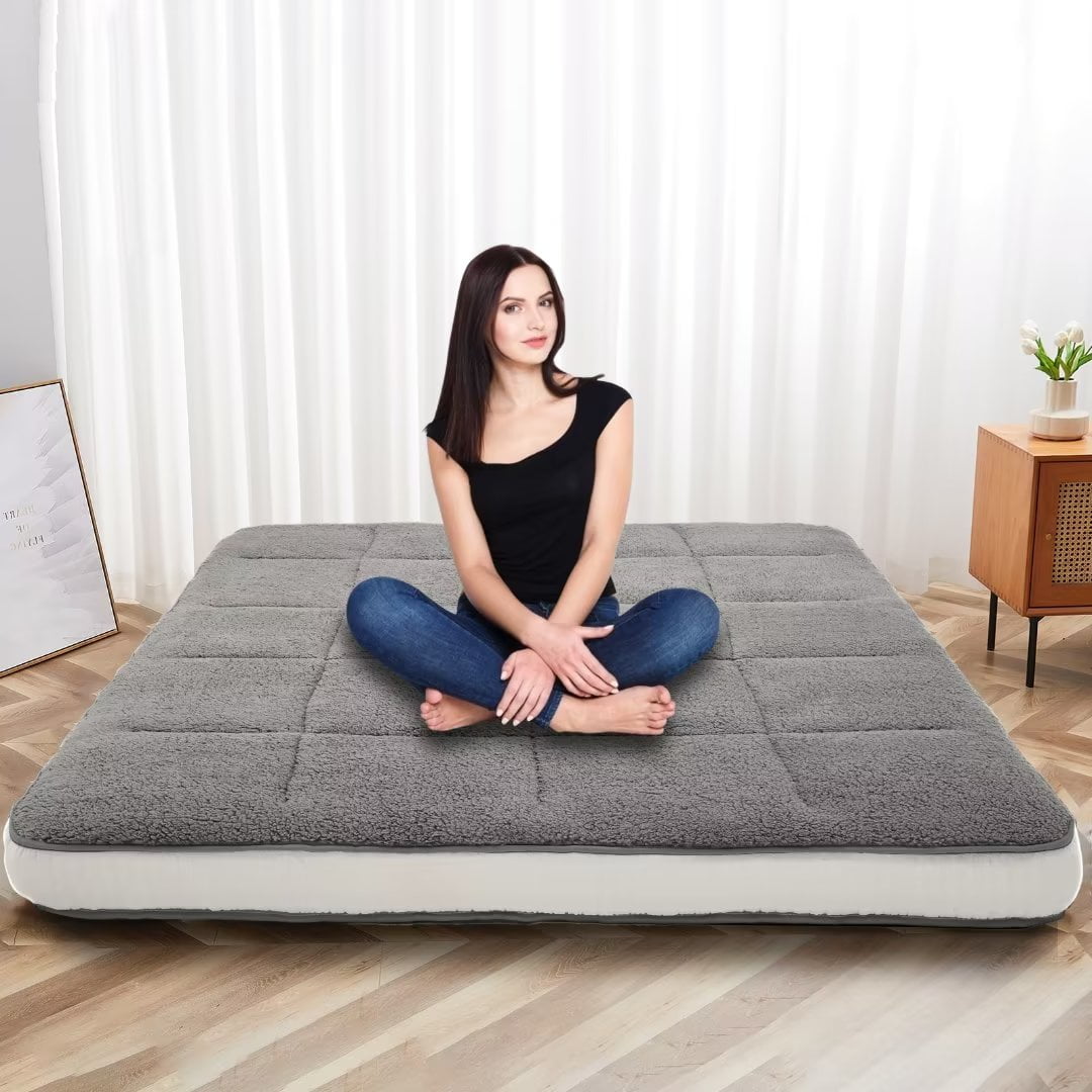 NAIZEA Japanese Floor Mattress, 4" Thick Sherpa Fleece Folding Roll Up ...