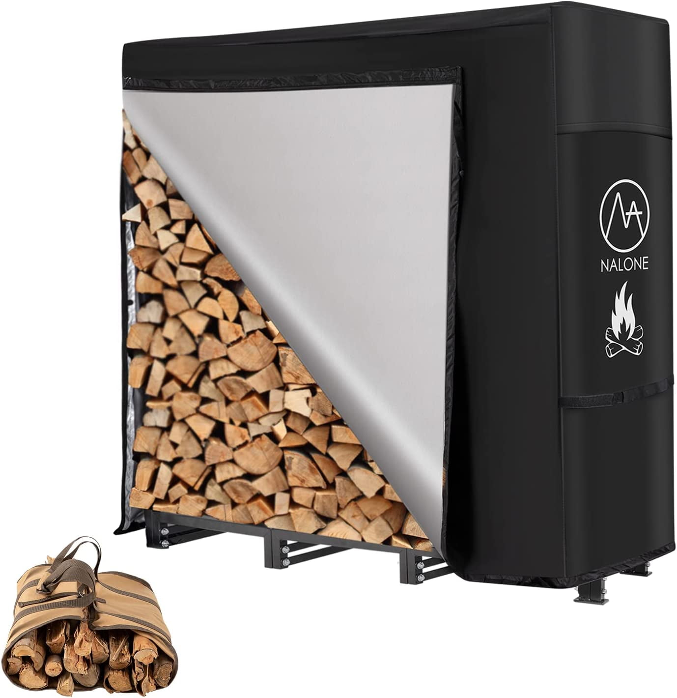 NALONE 4FT Outdoor Firewood Rack with Cover&Carry Bag Heavy Duty Square ...