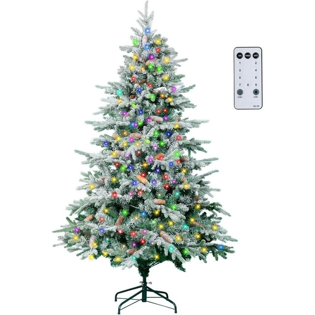 NALONE 6FT Pre-Lit Snow Christmas Tree with Remote Control and Timer, Snow Flocked Artificial ...