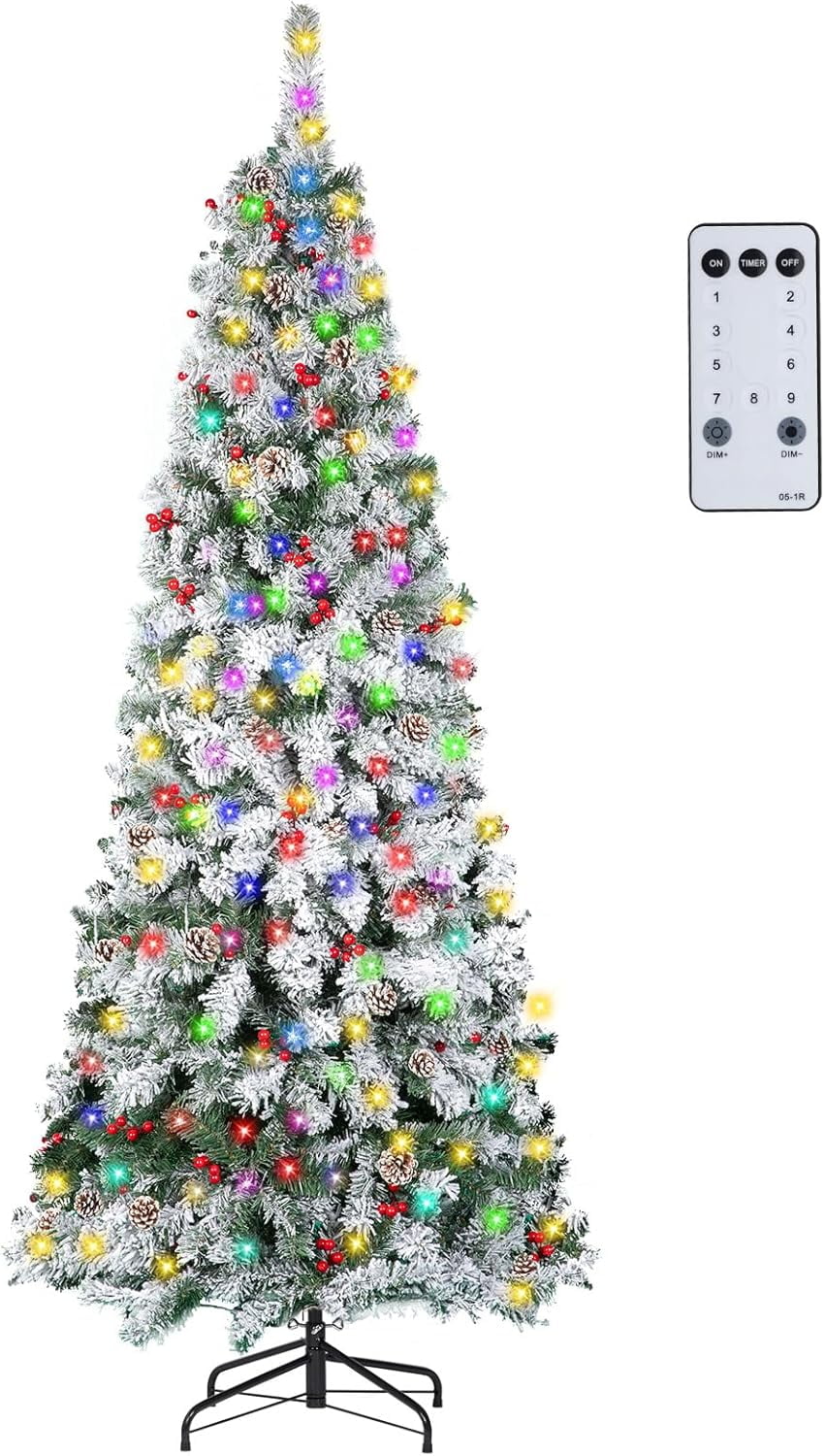 NALONE 6FT Pre-Lit Snow Christmas Tree with Remote Control and Timer, Snow Flocked Artificial ...