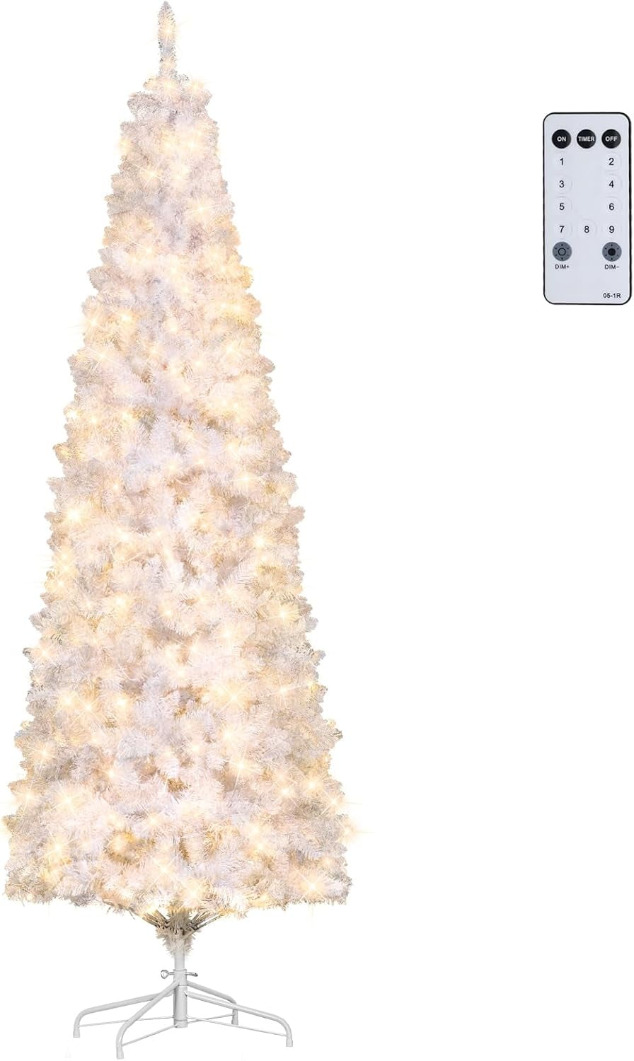 NALONE 7.5FT White Pre-Lit Christmas Tree with Remote Control and Timer, Pencil Artificial ...