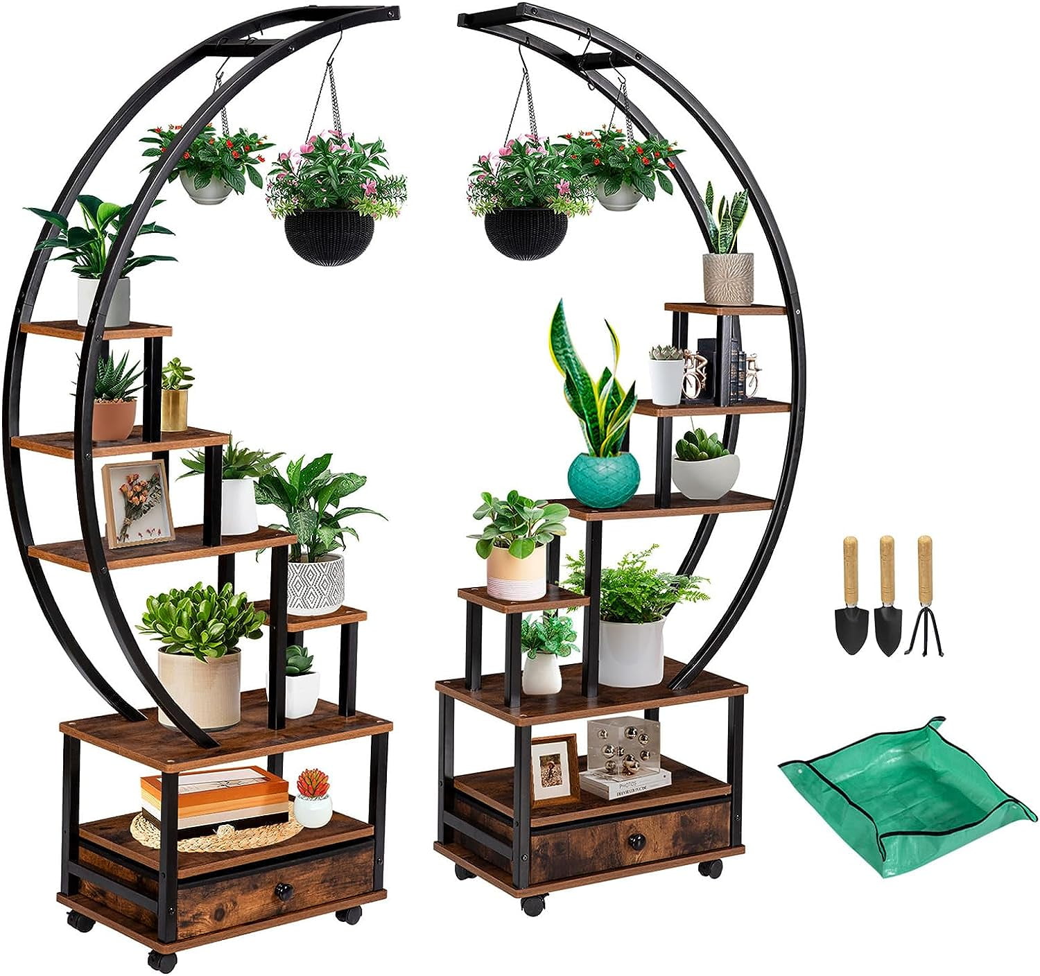 NALONE 7-Tier Half Moon Plant Stand with Wheels, Drawer & Accessories ...