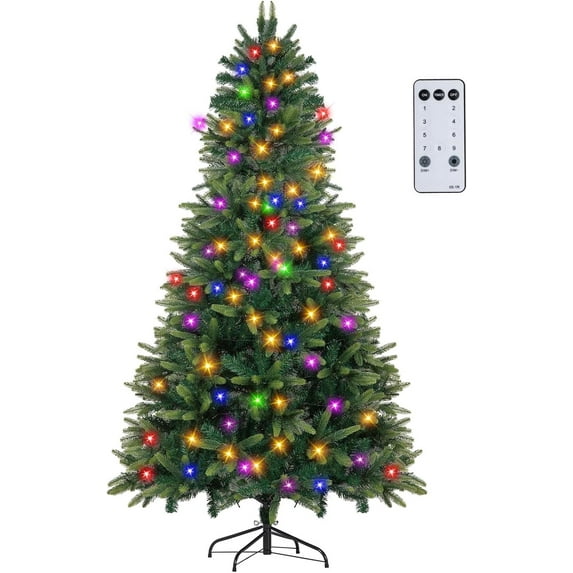 NALONE 7FT Pre-Lit Christmas Tree with Remote Control and Timer, Artificial Gradient Green ...