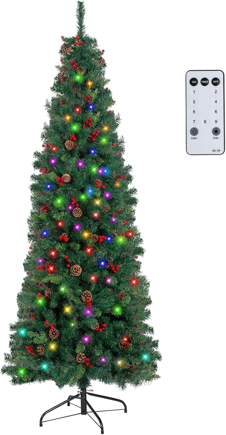 NALONE 7FT Pre-Lit Christmas Tree with Remote Control and Timer, Artificial Pencil Christmas ...
