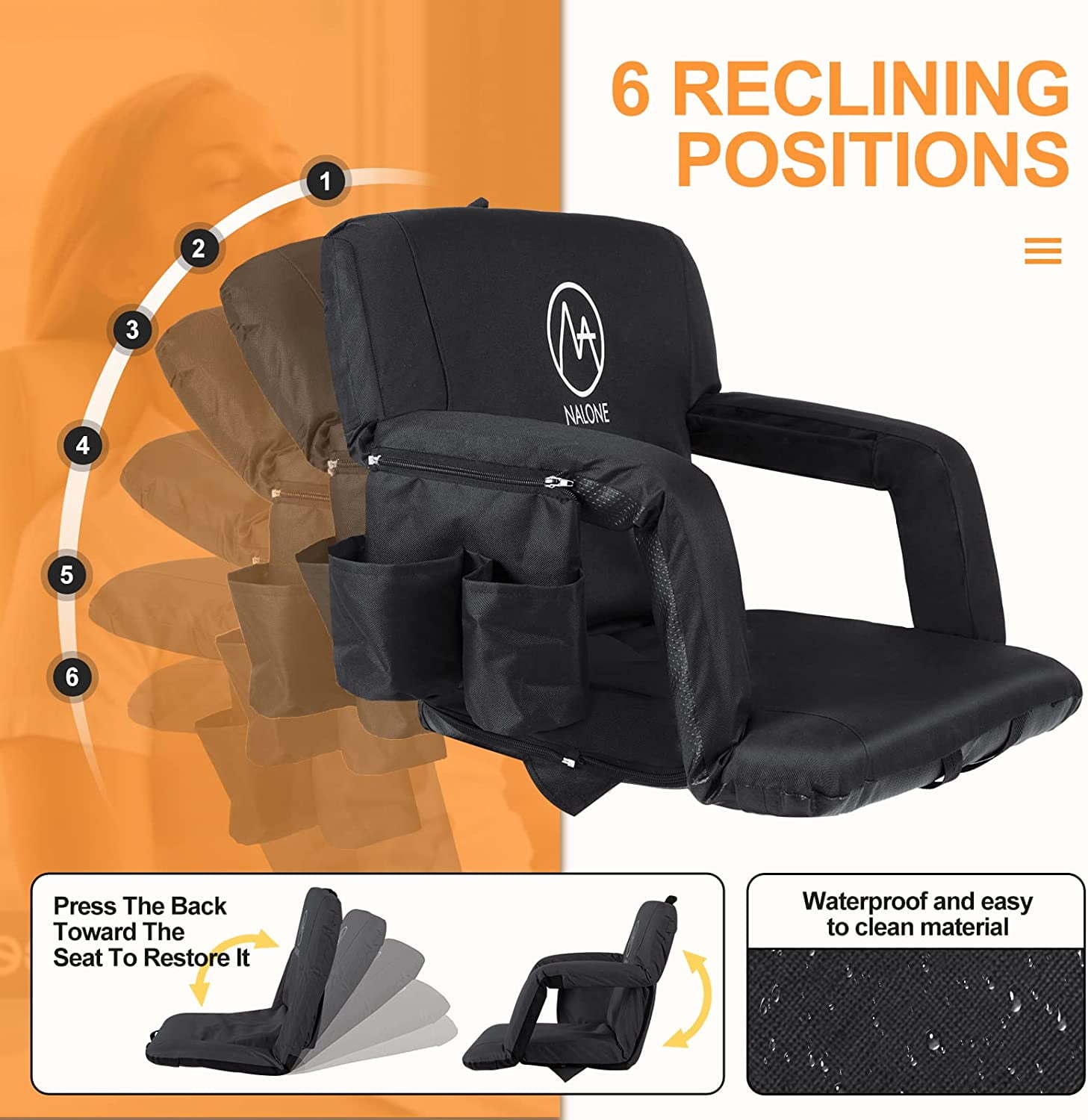 NALONE Foldable Stadium Seat, 20.5 inch Wide, with Back Support, Padded ...