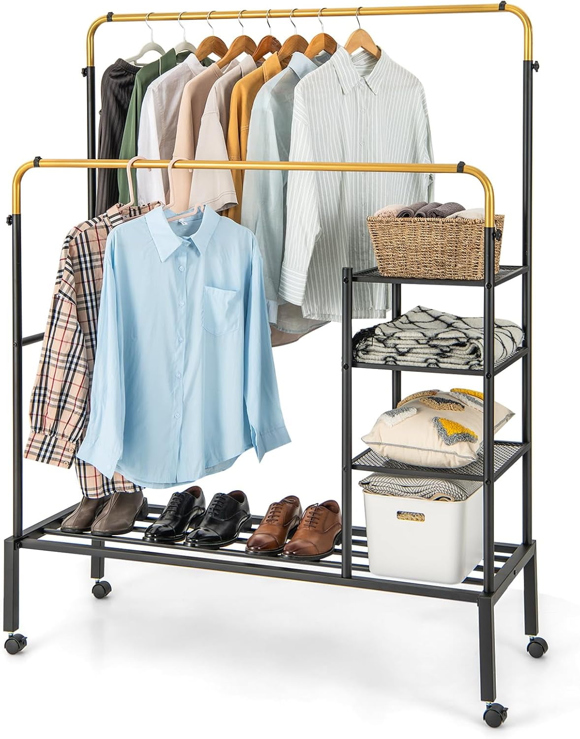 NALYL Rolling Double Rods Garment Rack, Clothes Drying Rack with Height ...