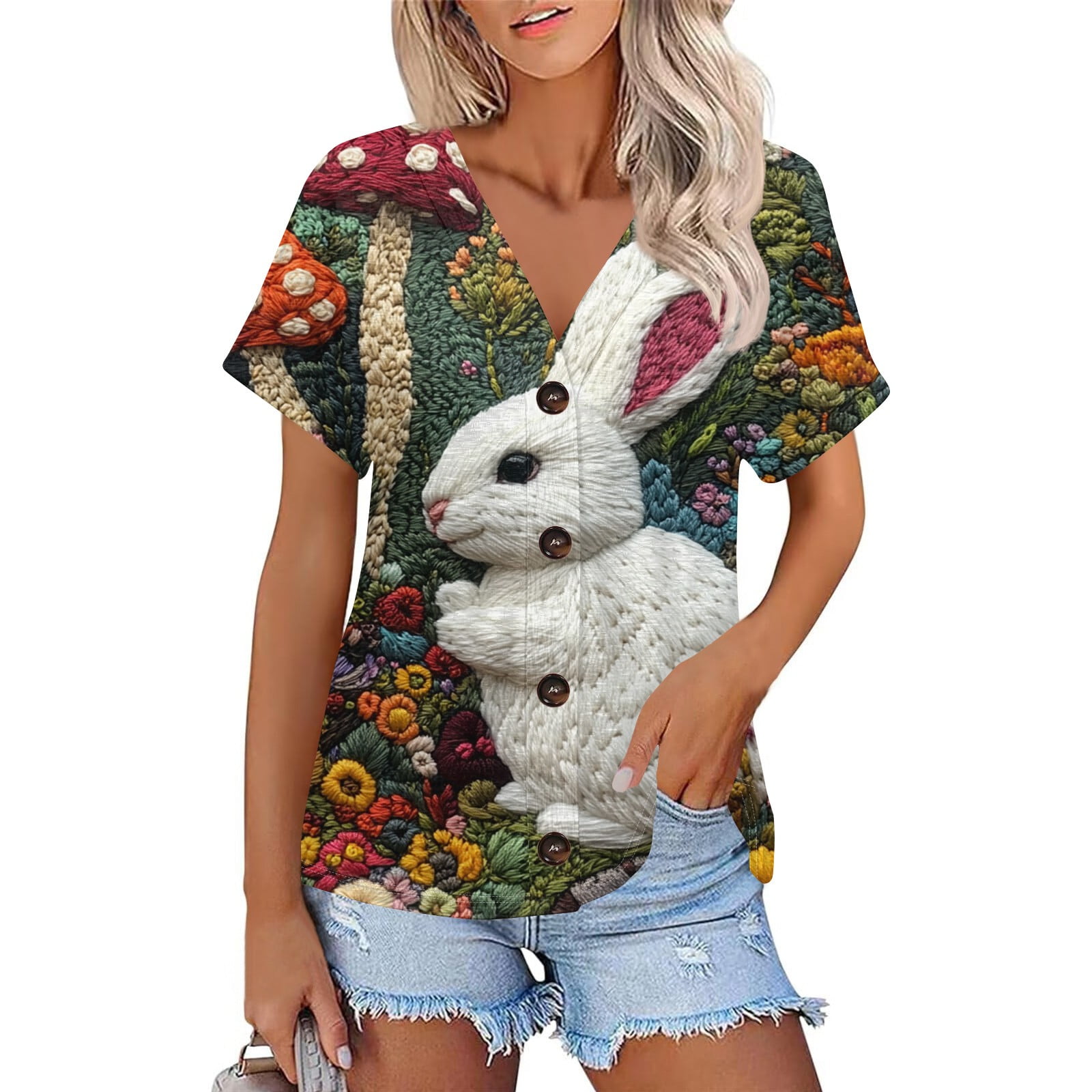 NAMTYQX Easter Tops for Women 2025 V Neck Button Down Open Front Easter ...