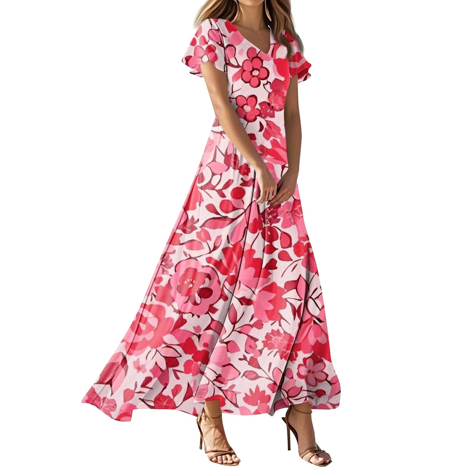 NAMTYQX Maxi Dresses for Women 2025 Chiffon Floral Short Sleeve V Neck ...