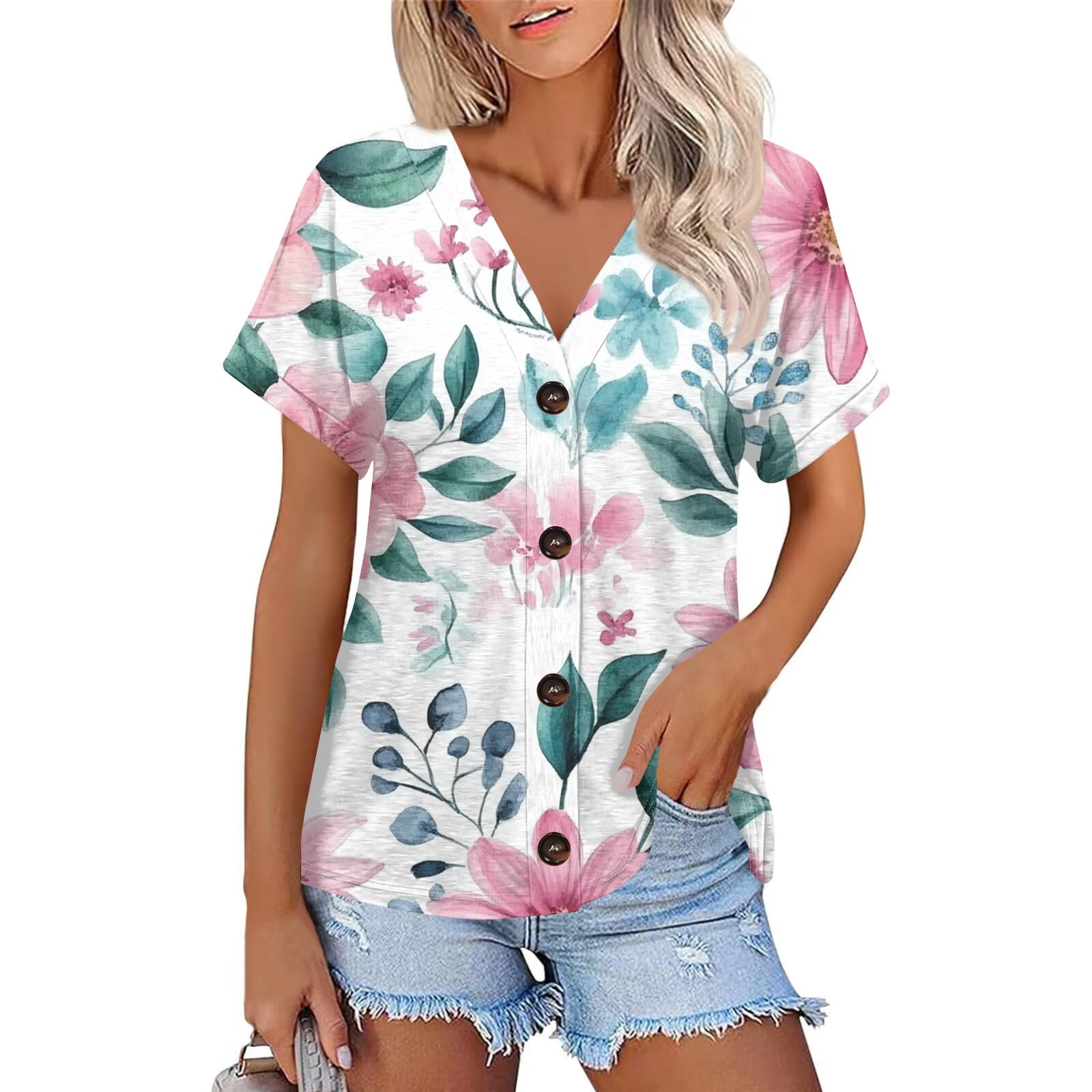 NAMTYQX Short Sleeve Tops for Women Stylish Casual V Neck Short Sleeve ...