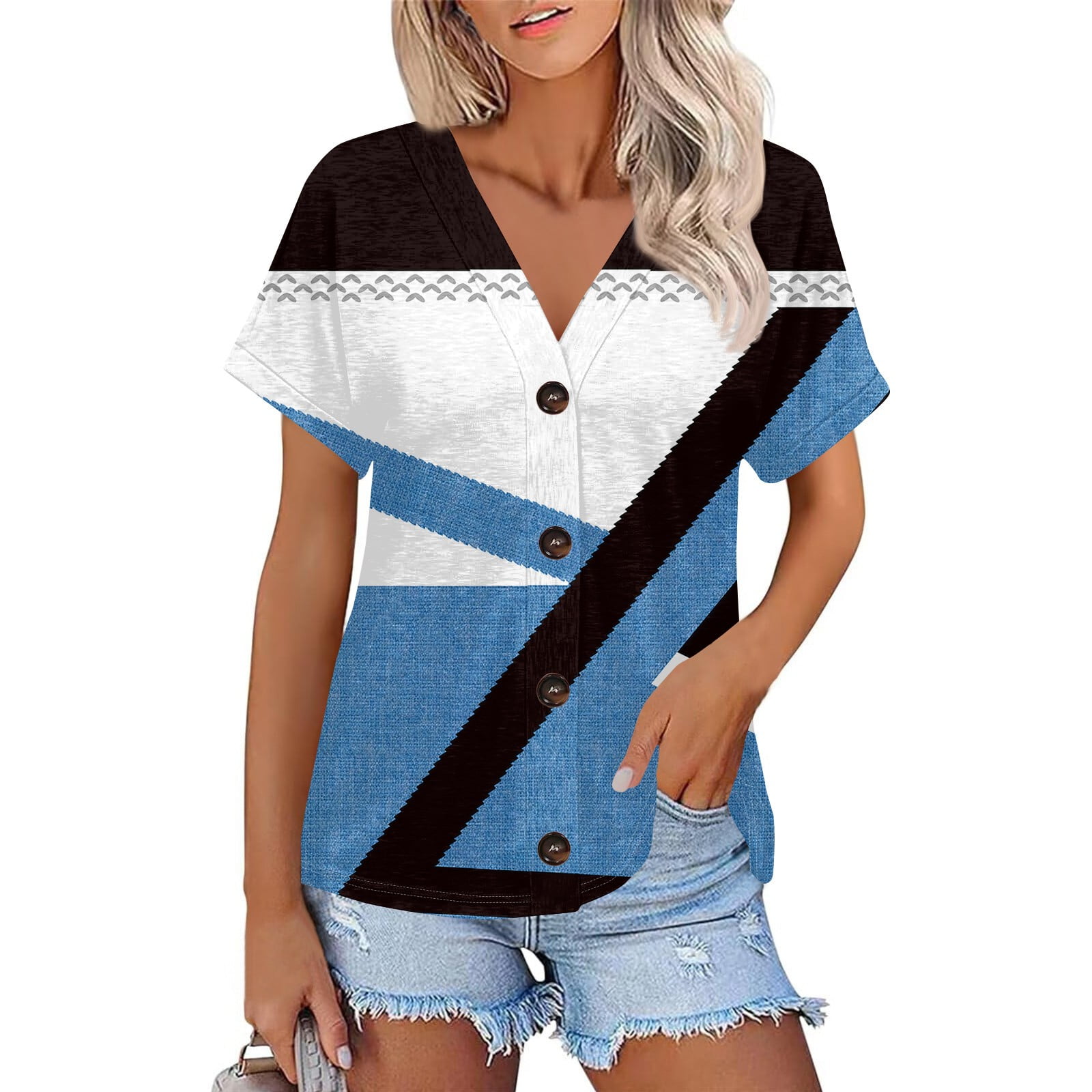 NAMTYQX Spring Tops for Women 2025 Patchwork V Neck Light Plus Size ...