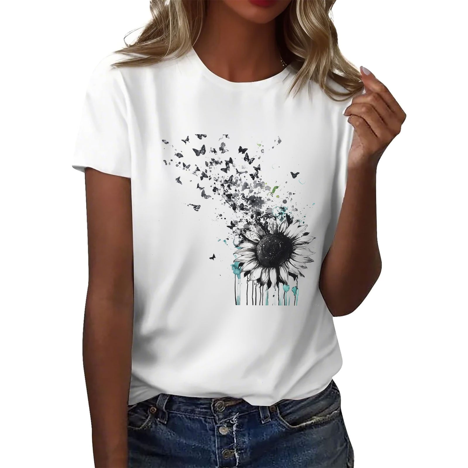 NAMTYQX Womens Summer Tops 2025 Oversize Short Sleeve Baggy Scoop Neck ...