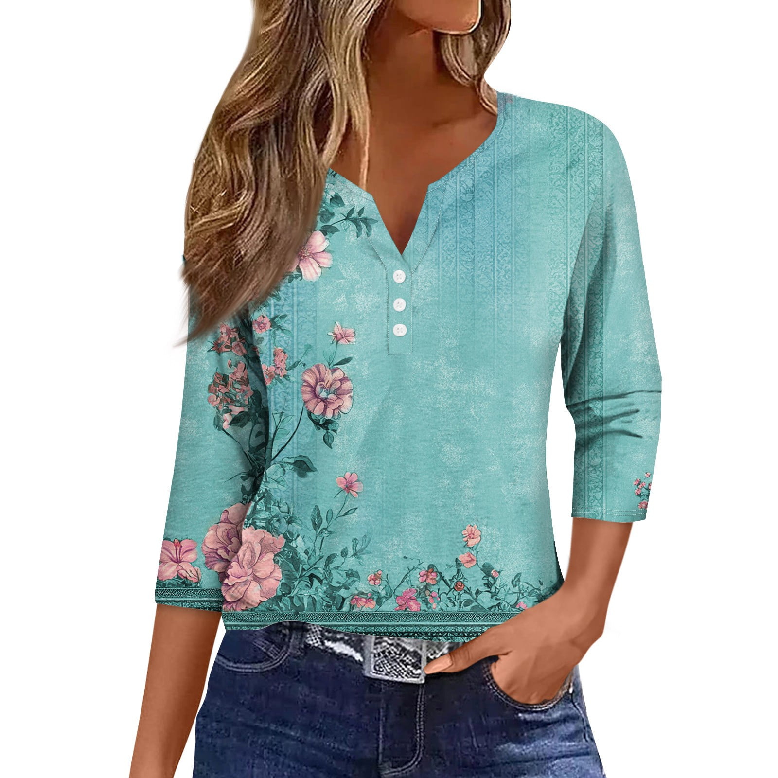 NAMTYQX Spring Tops for Women Three Quarter Sleeve Button V Neck Trendy ...