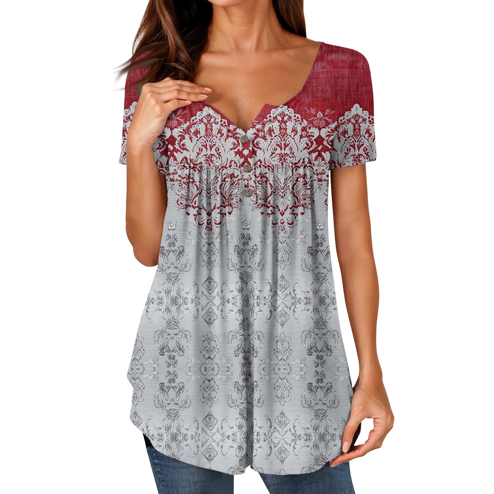 NAMTYQX Tops for Women Trendy Relaxed Fit Button V Neck Trendy Short ...