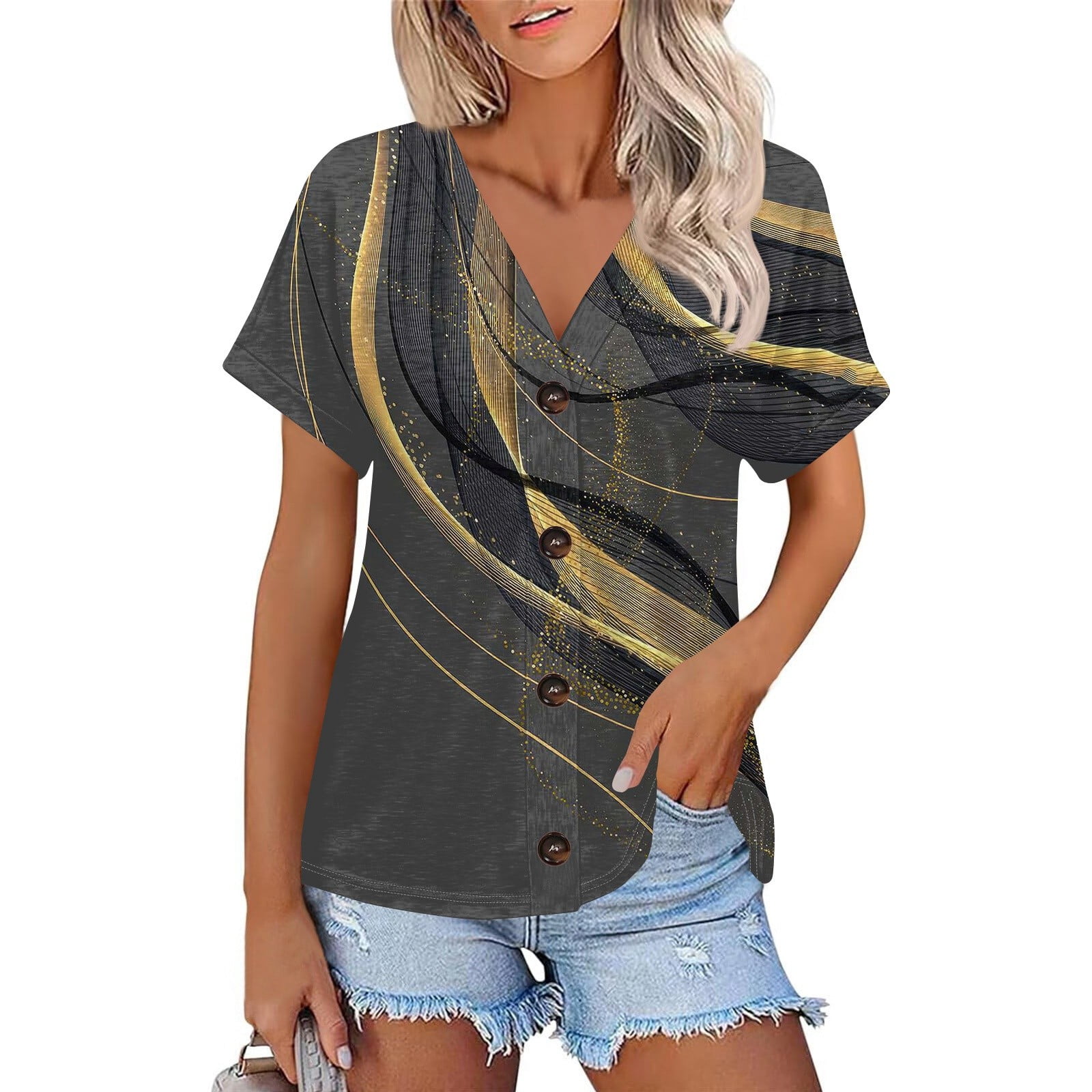 NAMTYQX Tops for Women Trendy V Neck Plus Size Short Sleeve Patchwork ...