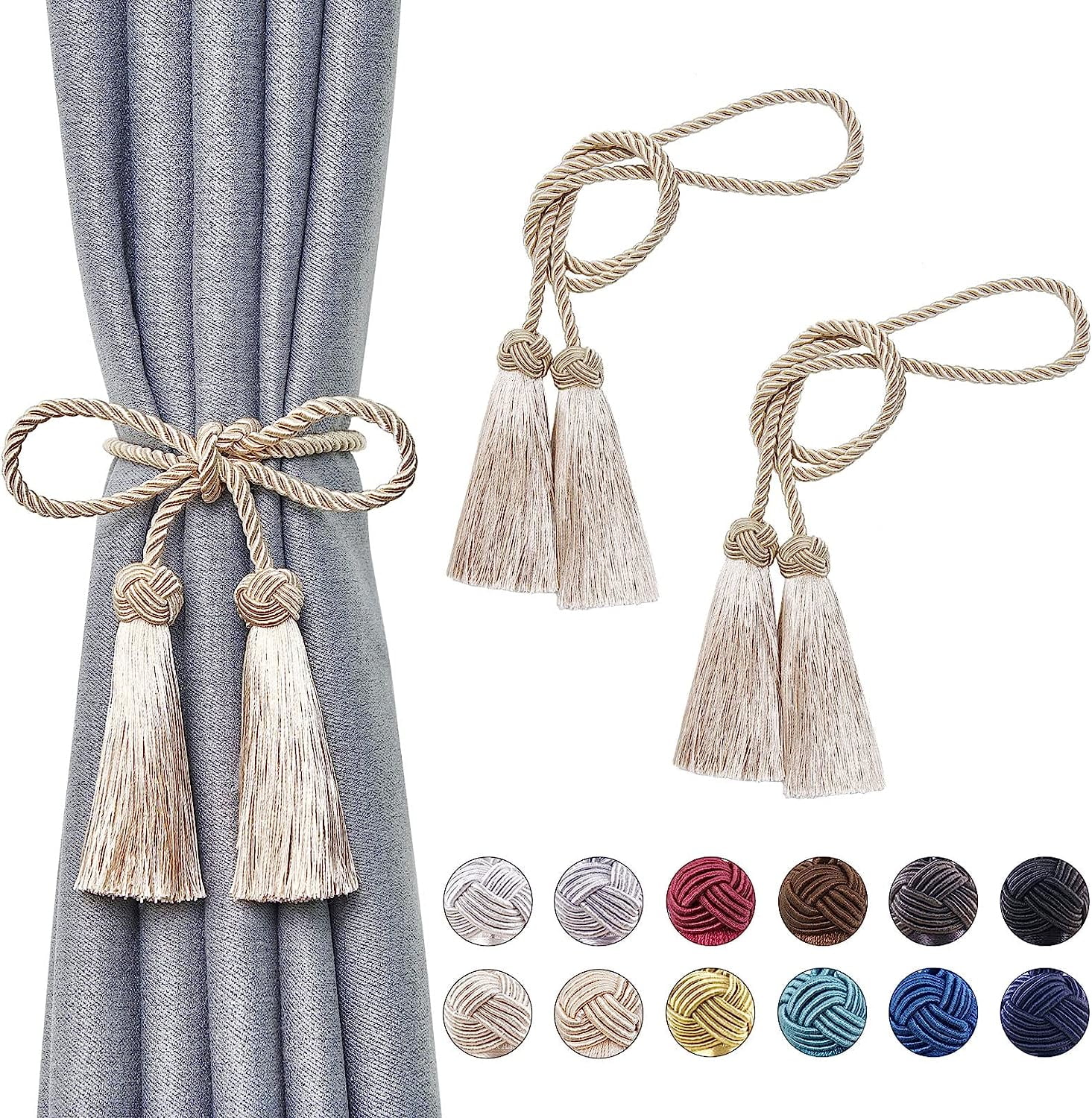 NANAHuang 2 Pack Double-Ended Tassel Curtain Tiebacks Handmade Braided ...