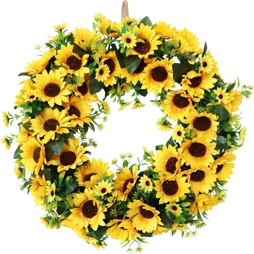 NANAHuang 20 Inch Artificial Sunflower Wreath for Front Door, Yellow ...