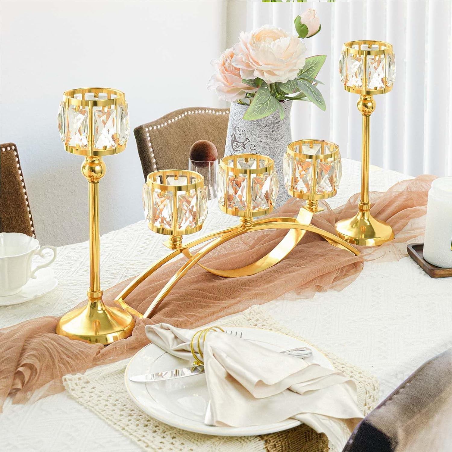 NANAHuang 3 Arms Crystal Bowl Tealight Candelabra Votive Candle Stand ...
