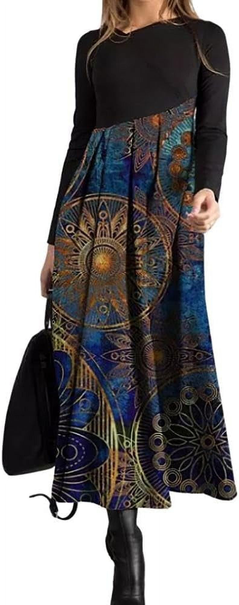 NANAHuang Women Vintage Ethnic Floral Printed Long Sleeve V Neck Dress ...