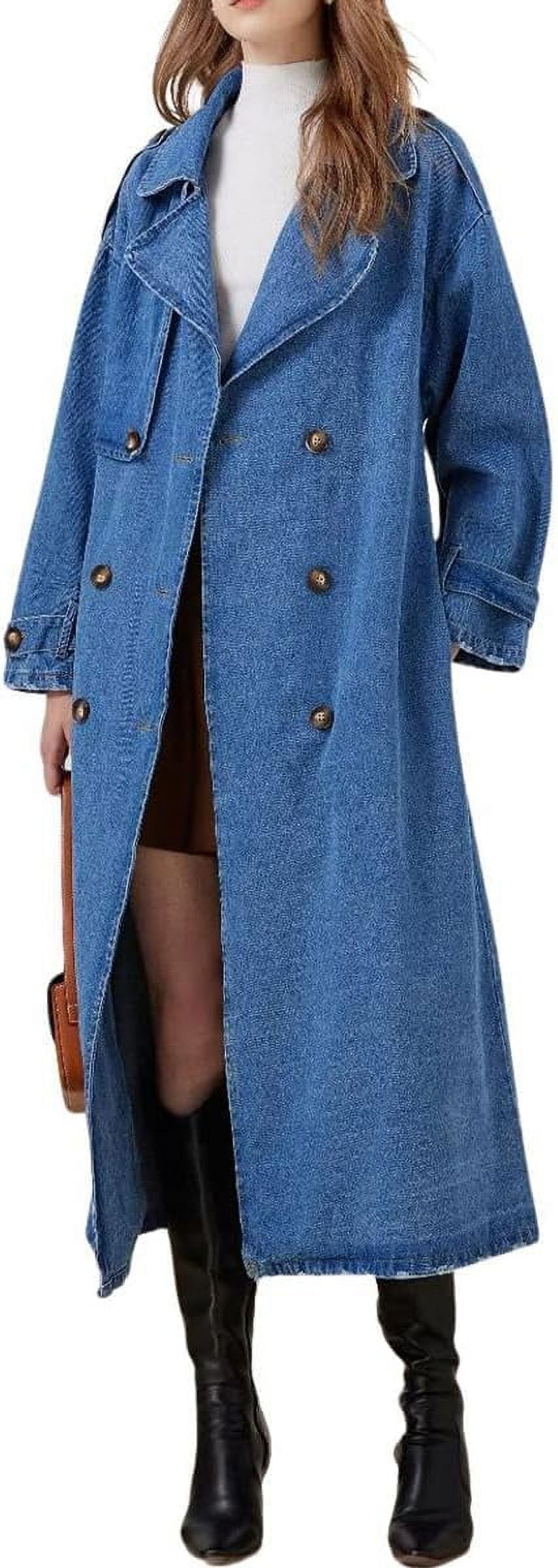 NANAHuang Women's Fashion Notch Lapel Denim Trench Coat Double Breasted ...