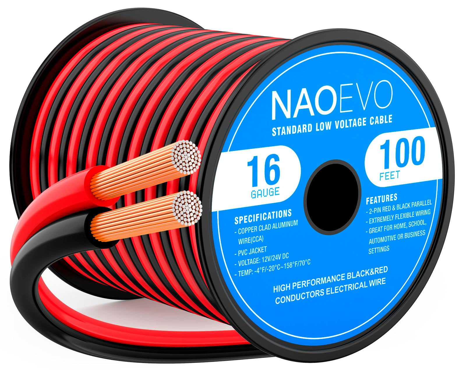 NAOEVO 16 Gauge Wire 100FT, 2 Conductors Electrical Wire Red Black ...