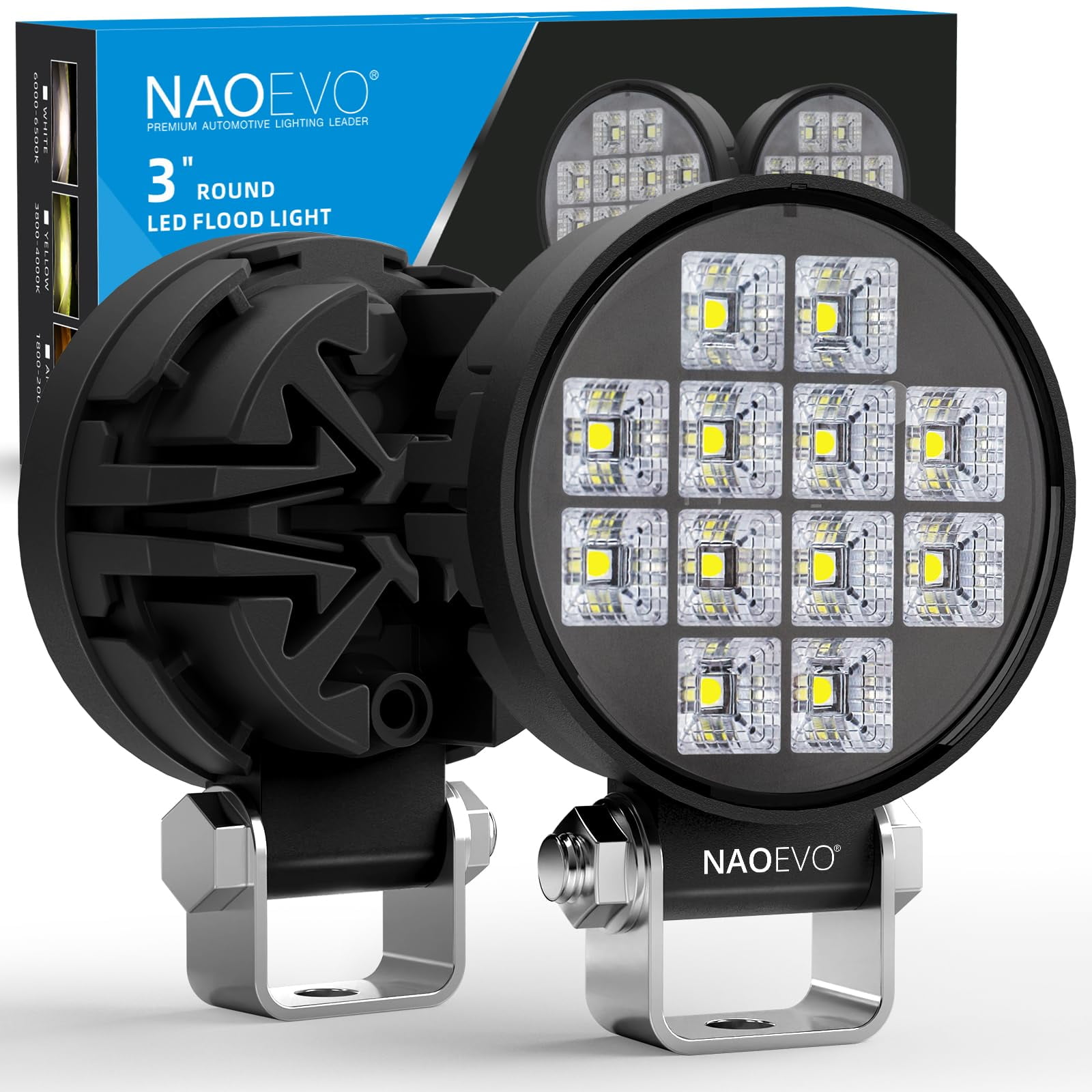 NAOEVO 3 MQH2 Inch Round LED Pod Lights, 42W Flood Beam LED Light Bar ...