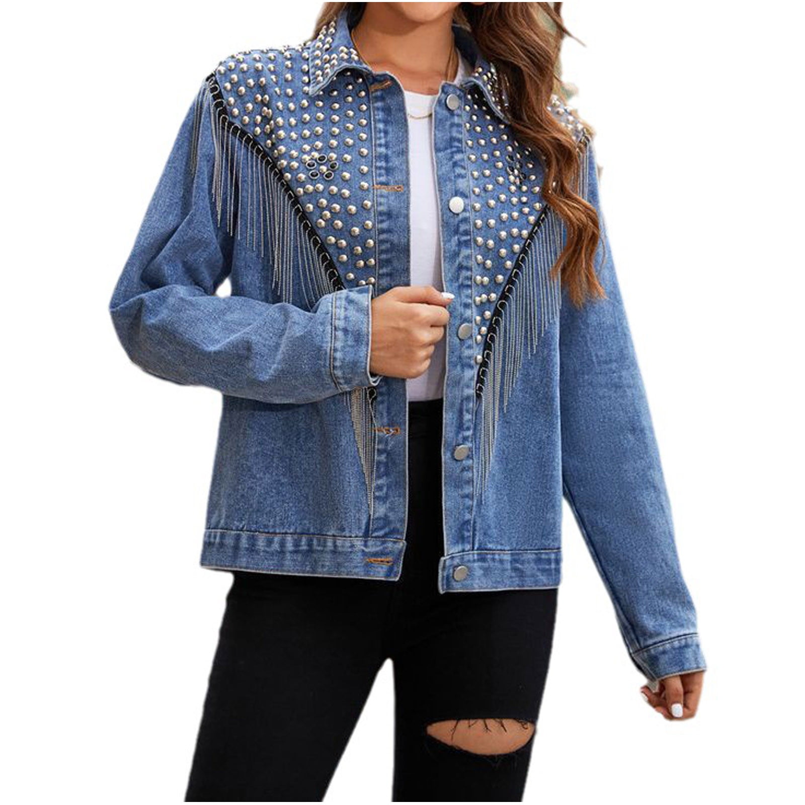 NARABB Denim Jacket Women's Studded Frayed Tassel Blue Denim Jacket ...