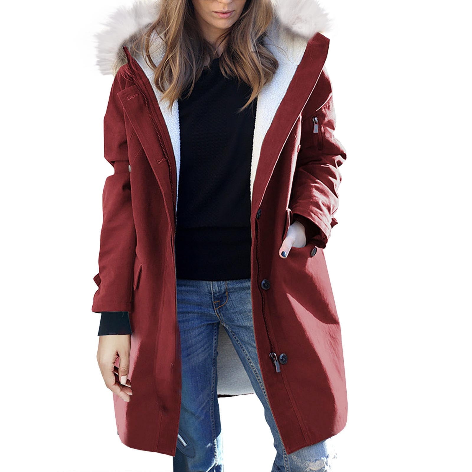 NARABB Women Loose Warm Parkas Plus Size Hooded Zippers Solid Medium ...