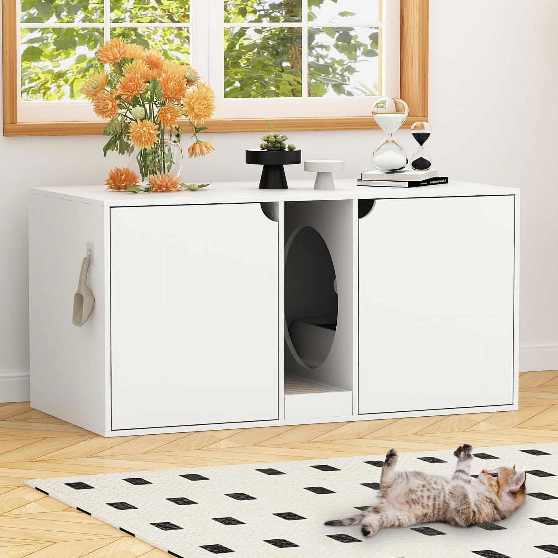 NARTRU 47.2" Wooden Large Double Cat Litter Box Enclosure Furniture ...