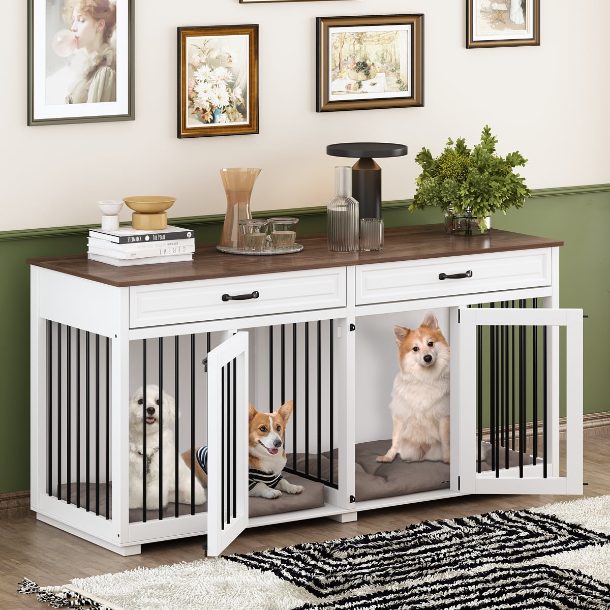 NARTRU Large Double Dog Crate Kennel Furniture with Divider and 2 ...
