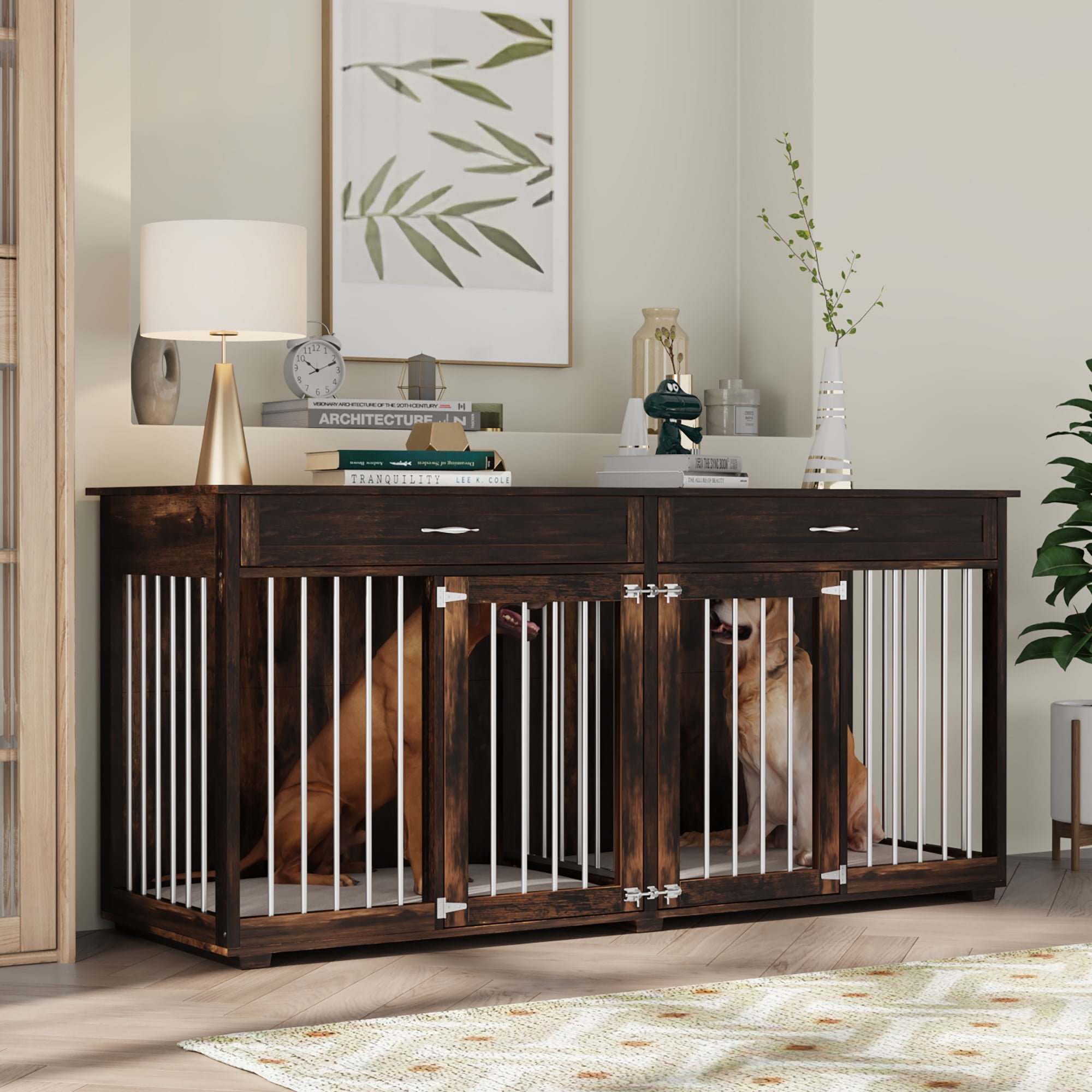 NARTRU 72.4" Large Dog Crate Furniture,Rustic Wooden Dog Kennel TV ...