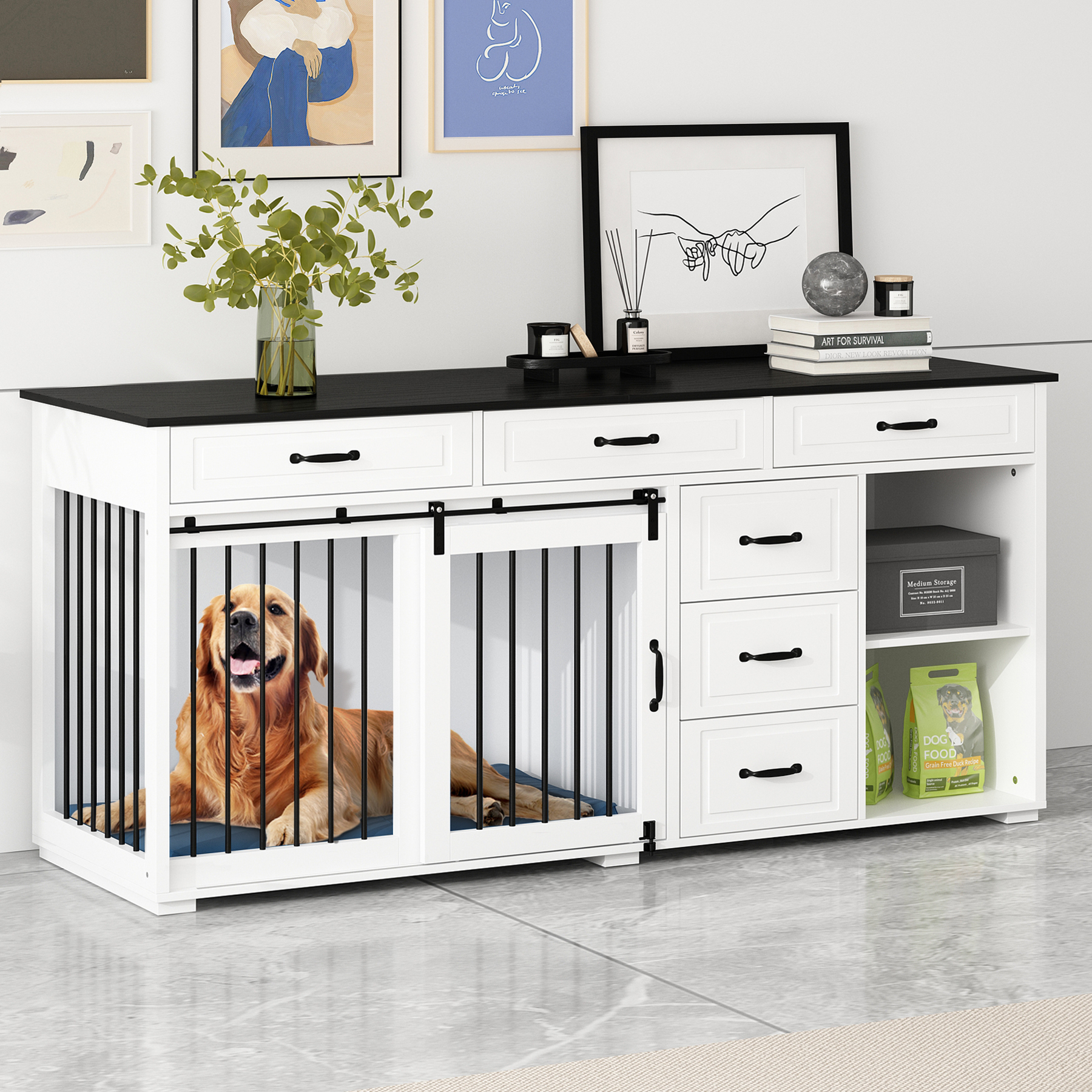 Pefilos 35" Sliding Door Dog Crate with Drawers, Wooden Dog Kennel End ...