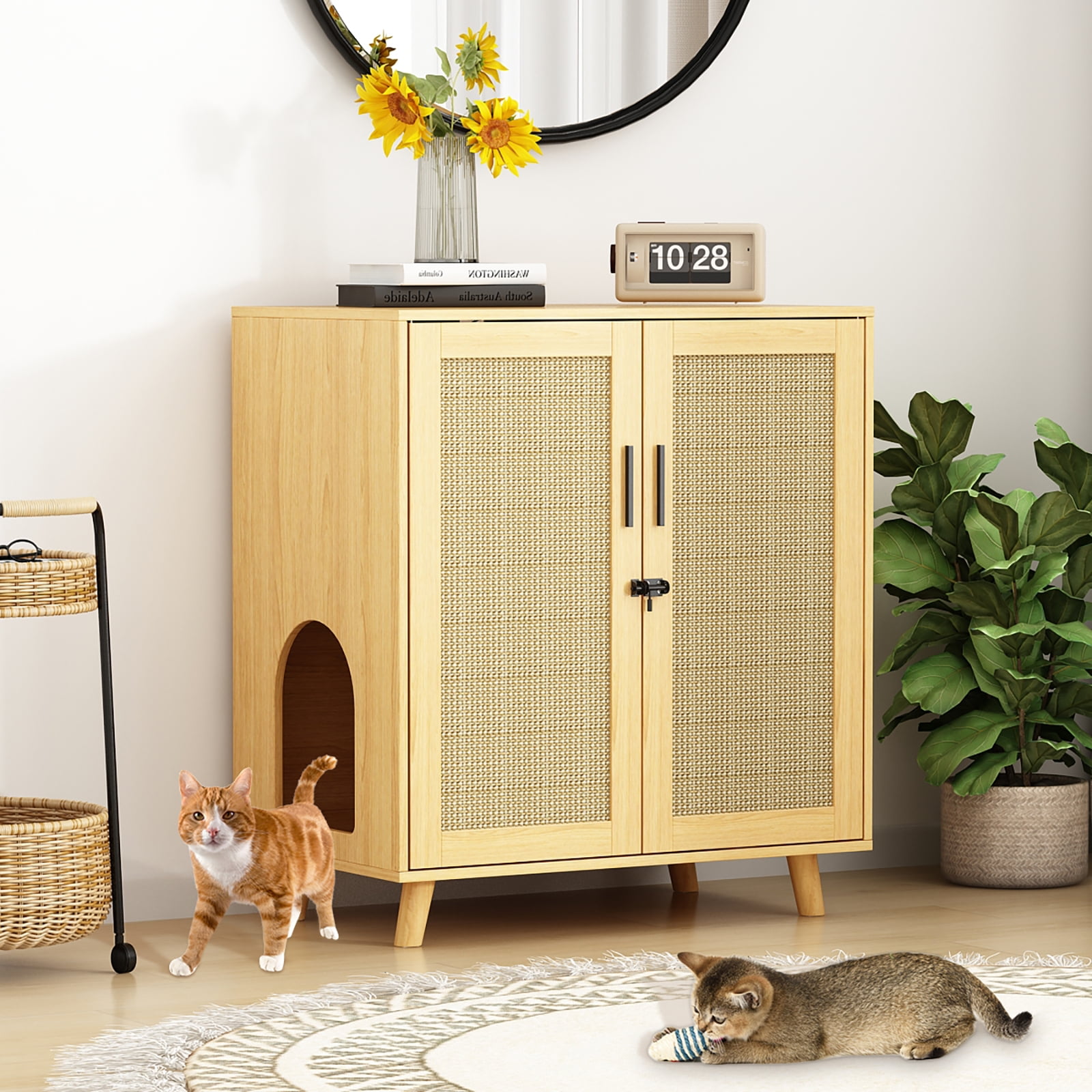 NARTRU Cat Wooden Litter Box Enclosure with Scratching Doors for Cat ...