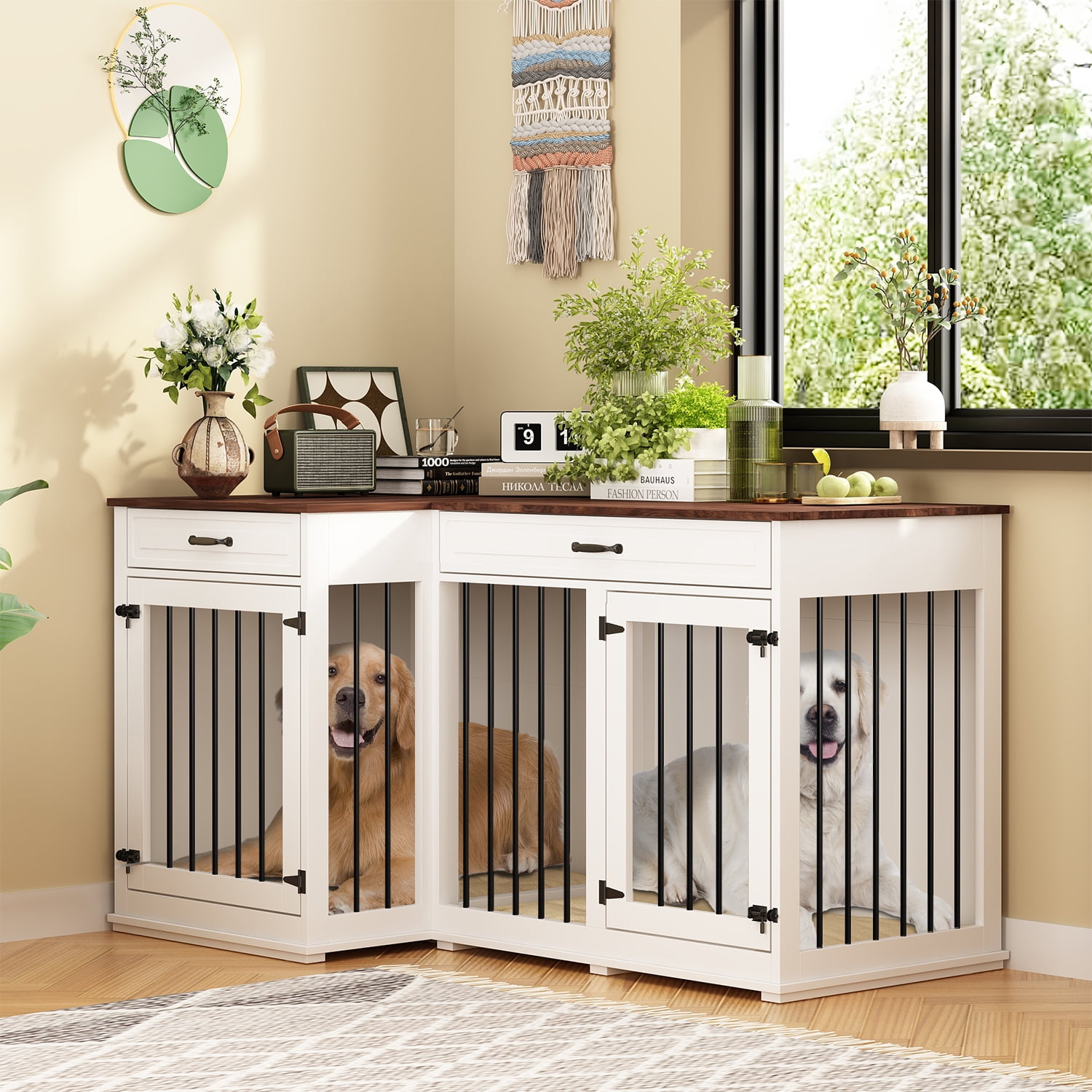 NARTRU Large Corner Dog Crate Furniture, Wooden L Shaped Double Dog ...