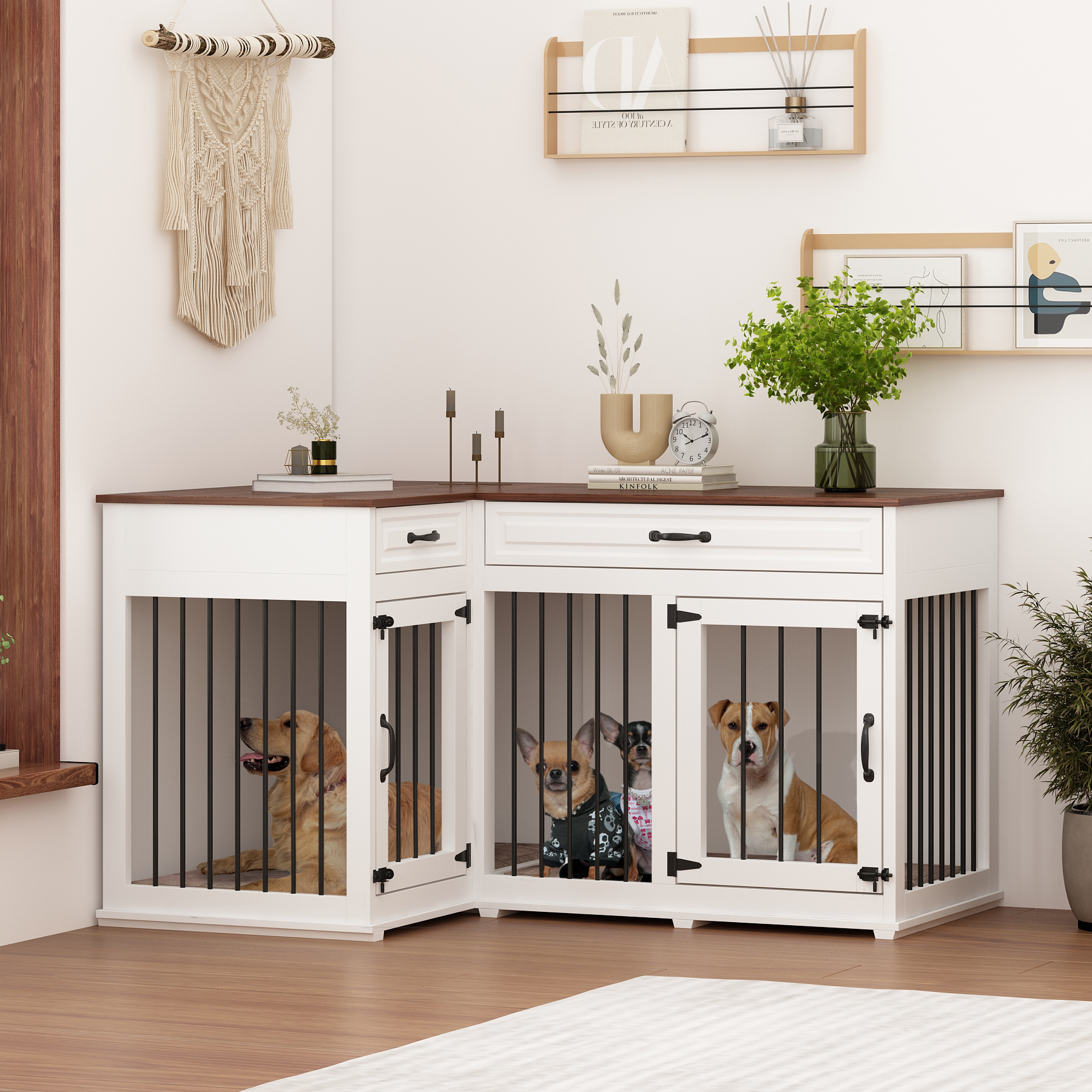 NARTRU Large Corner Dog Crate Furniture with Drawers, Wooden L Shaped ...