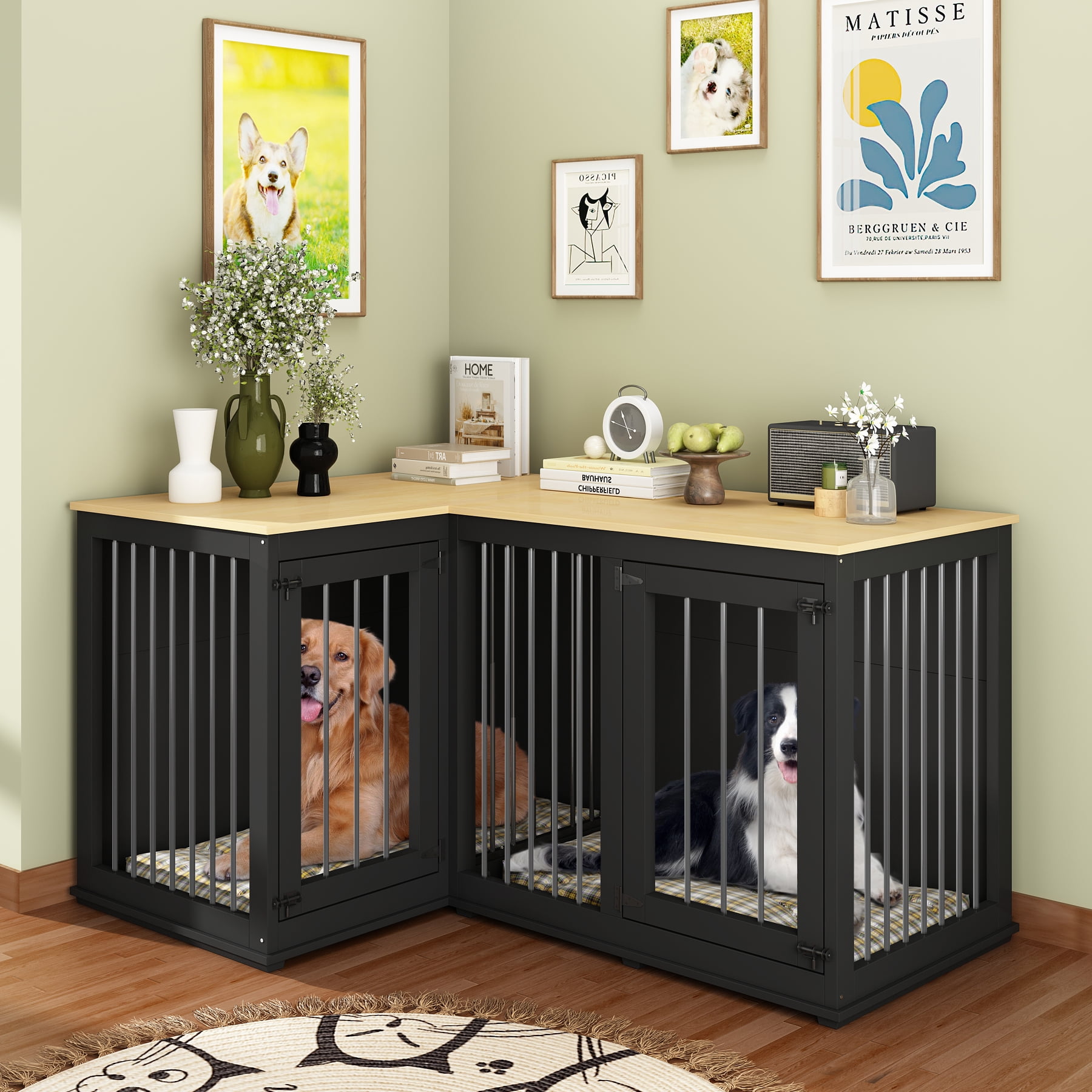 NARTRU Large L Shaped Corner Double Dog Crate Kennel Furniture with ...