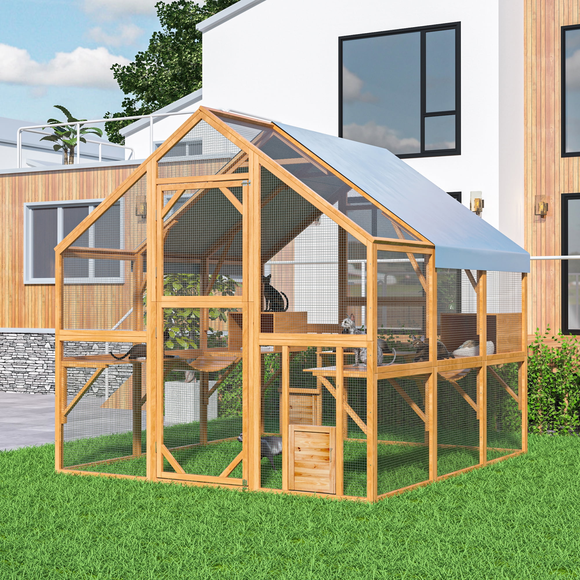 NARTRU Large Wooden Outdoor Cat House, Cat Run Enclosure Walk in Cat ...