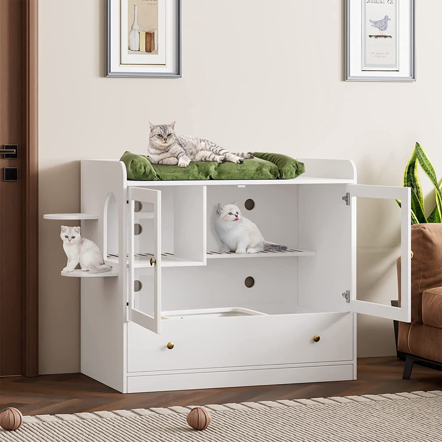 NARTRU Wooden Cat Litter Box Enclosure Furniture Hidden for Large ...