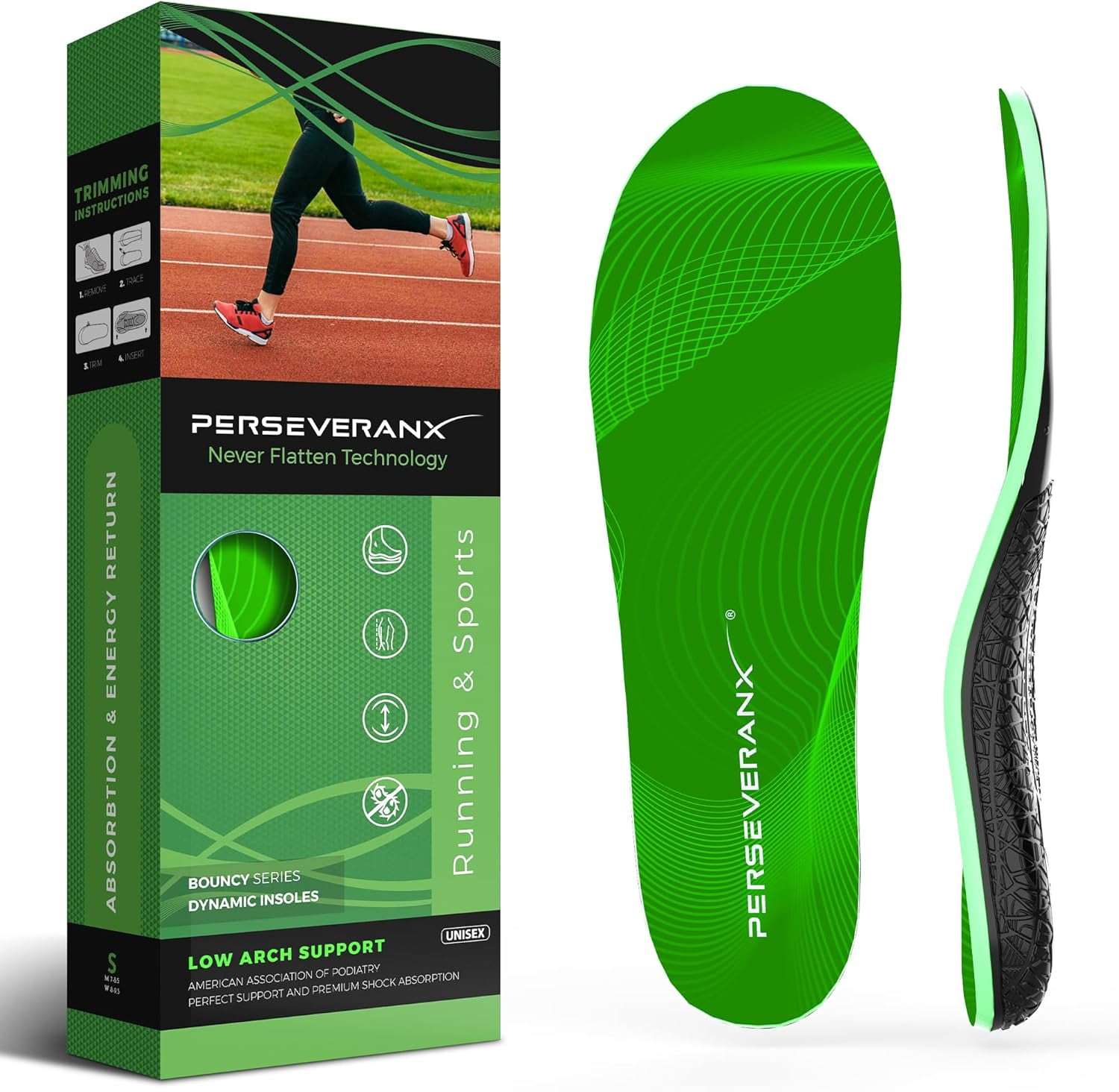 NASA Grade Green Running Sports Insoles – Semi-Rigid Low Arch Support ...