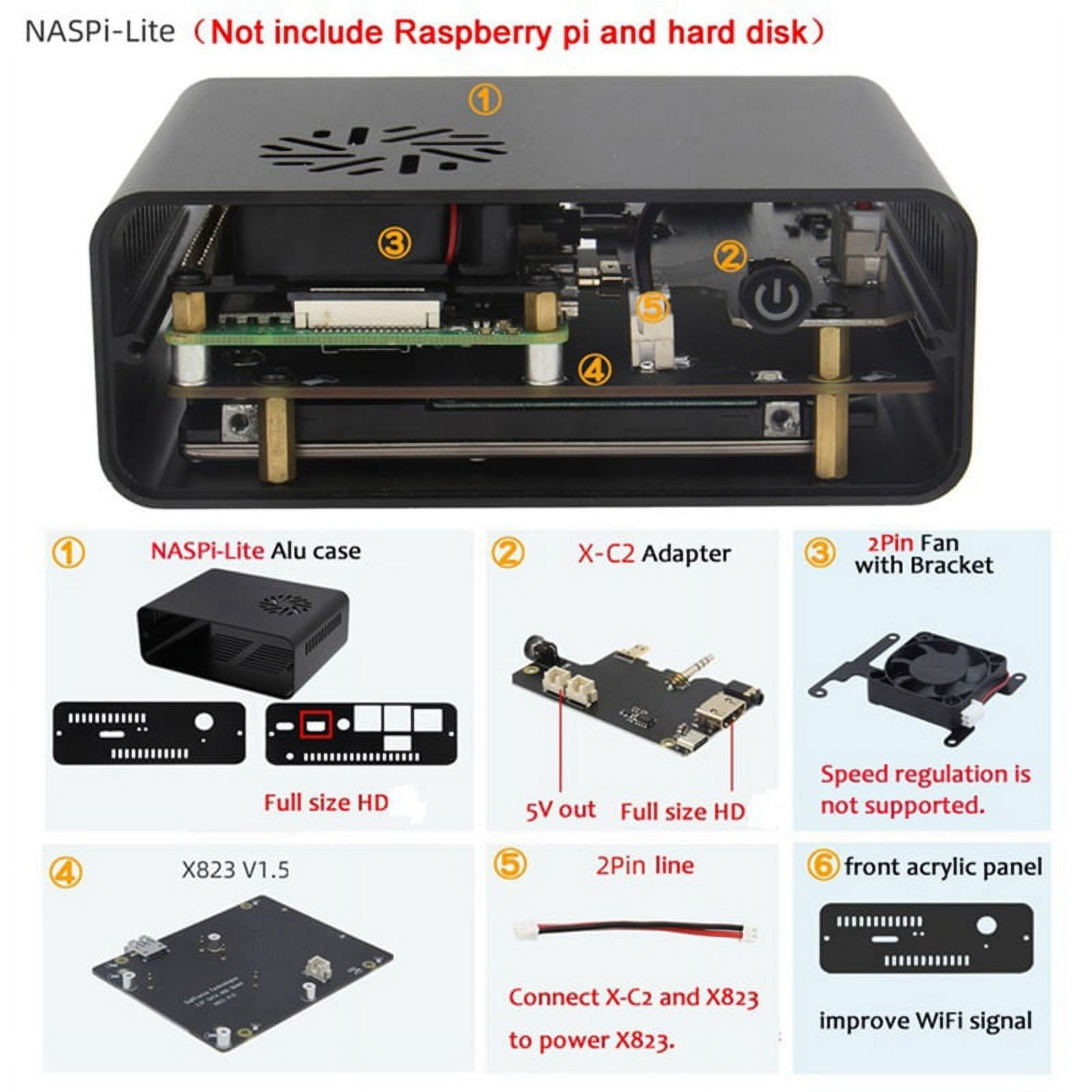 NASPi Lite Kit+X823 Expansion Board+X-C2 Adapter Board+Case for ...