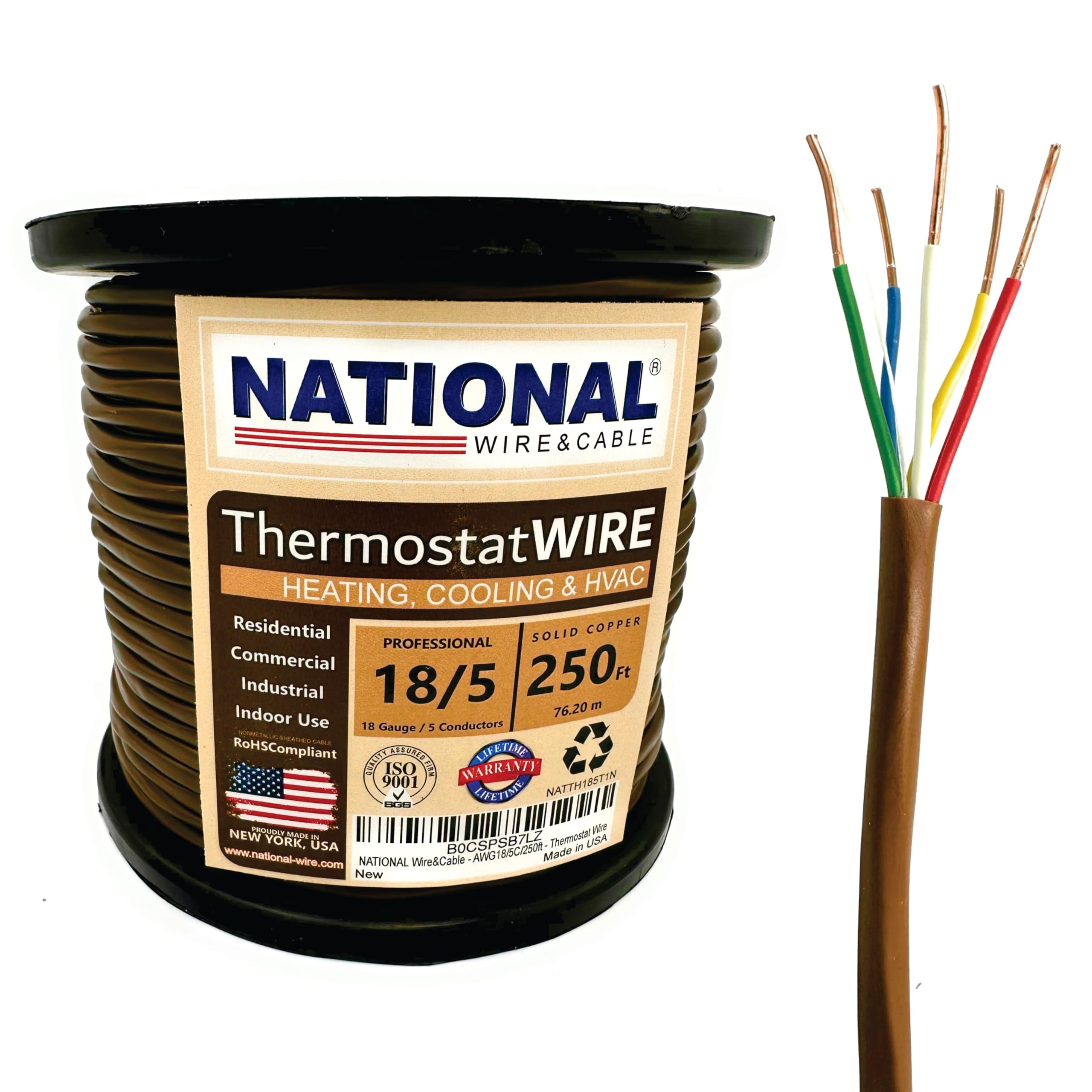 NATIONAL Wire&Cable - 18 Gauge 5 Conductor - 250Ft. - Thermostat Wire - Made in USA - 100% Solid ...