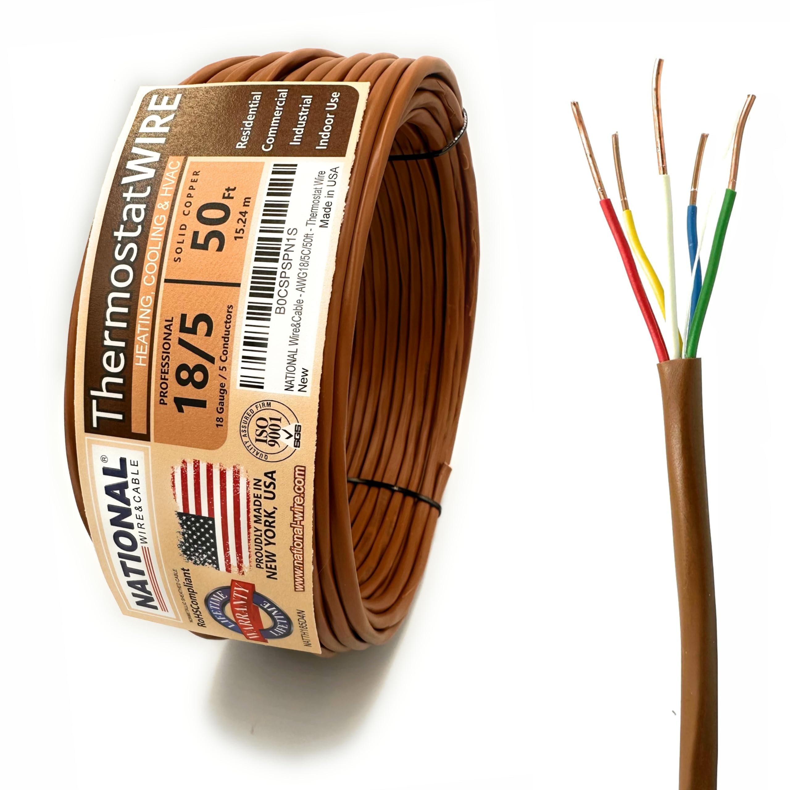 NATIONAL Wire&Cable - 18 Gauge 5 Conductor - 50Ft. - Thermostat Wire - Made in USA - 100% Solid ...