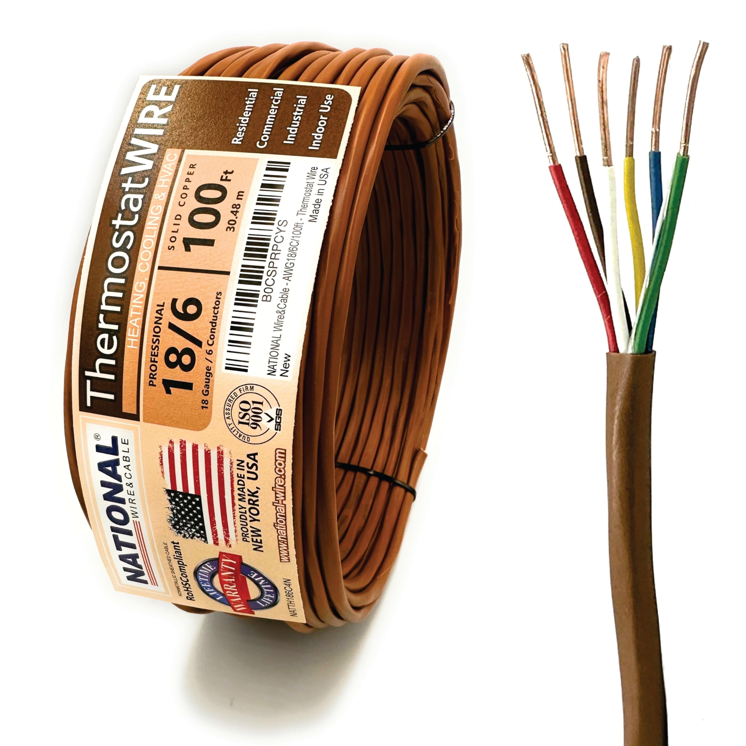 NATIONAL Wire&Cable - 18 Gauge 6 Conductor - 100Ft. - Thermostat Wire ...