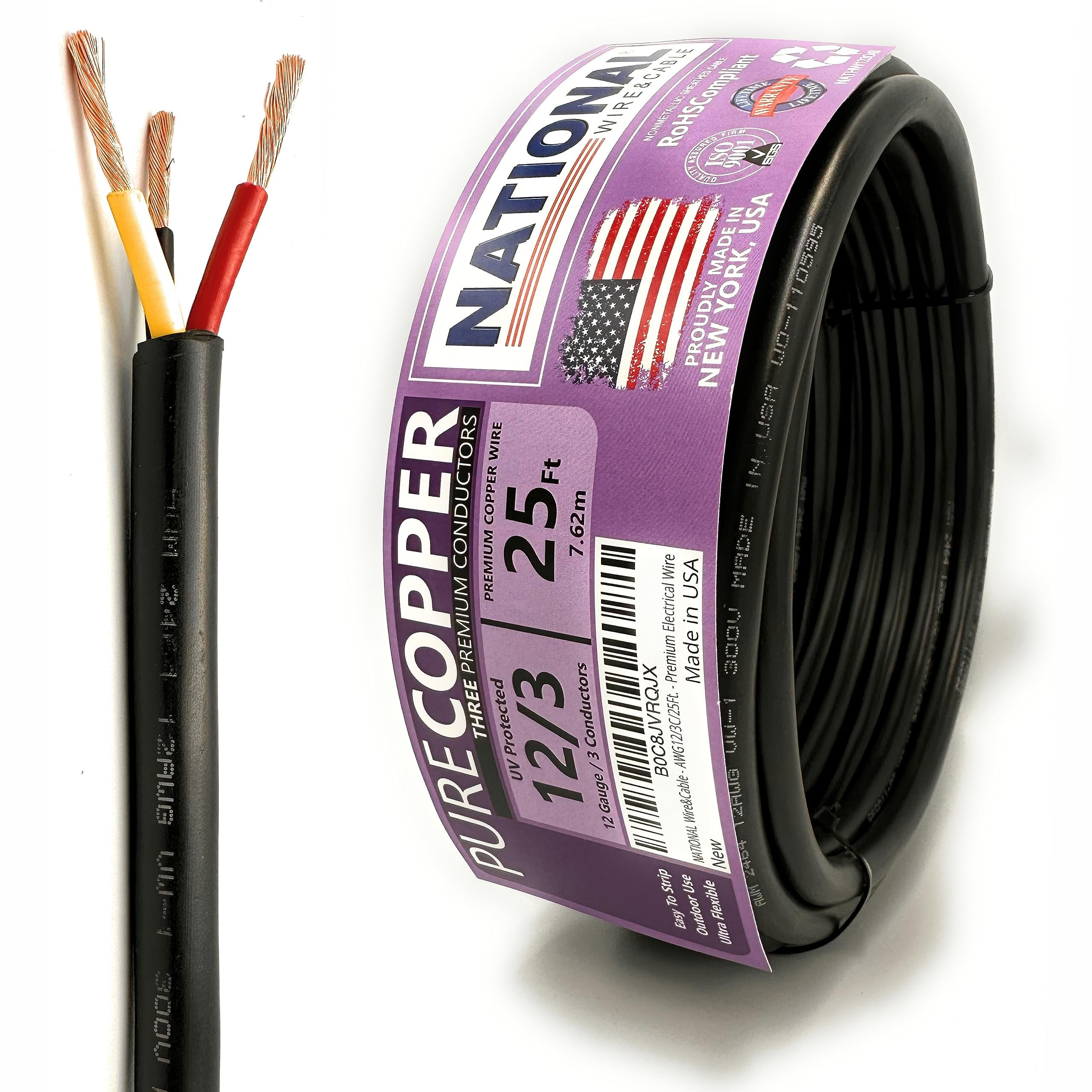 NATIONAL Wire&Cable - Premium Electrical Wire - 12 Gauge 3 Conductors - 25Ft - Made in USA ...
