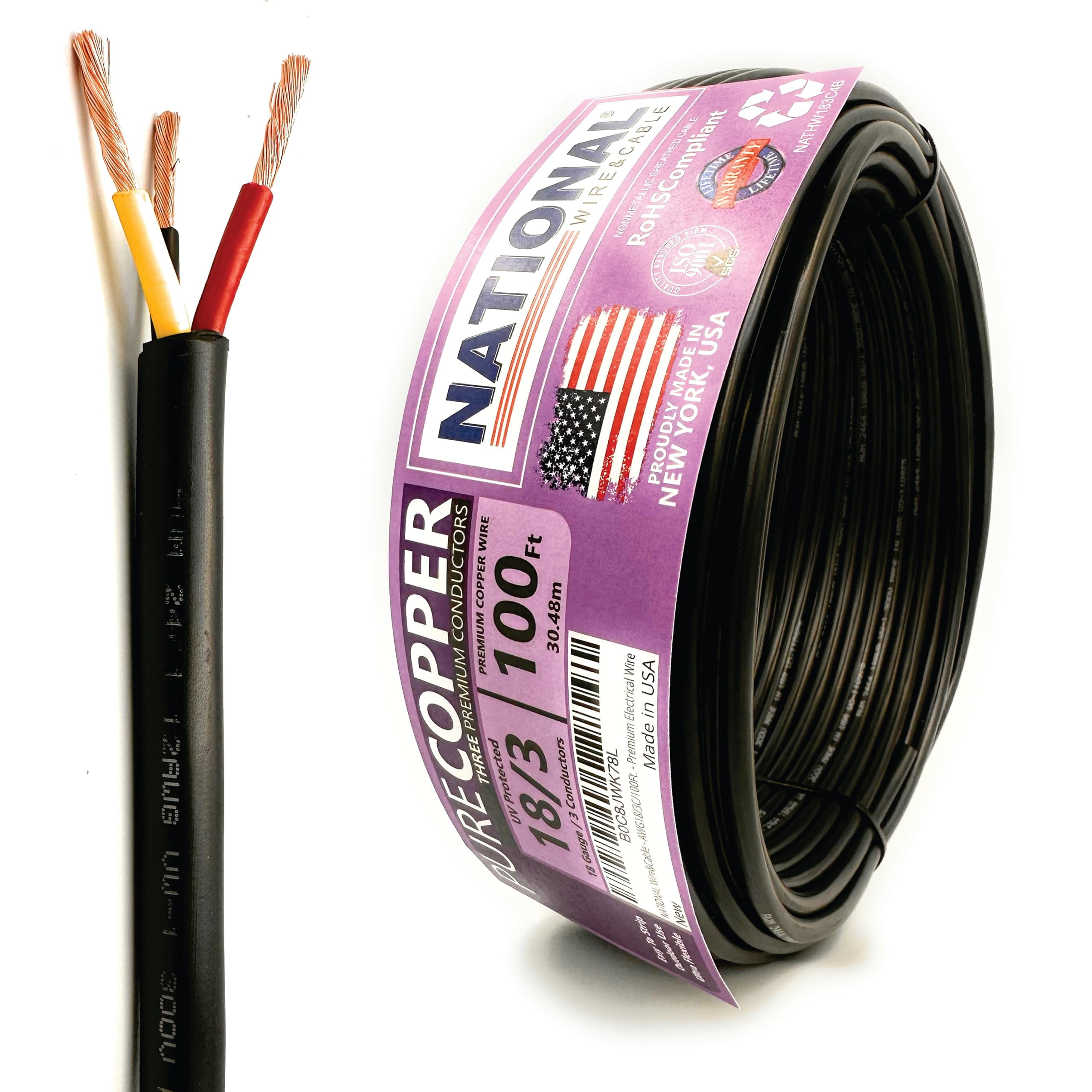 NATIONAL Wire&Cable - Premium Electrical Wire - 18 Gauge 3 Conductors ...