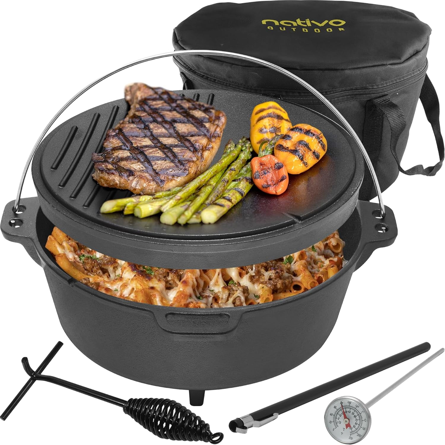 NATIVO 6QT Pre-Seasoned Outdoor Cast Iron Dutch Oven Pot with ...