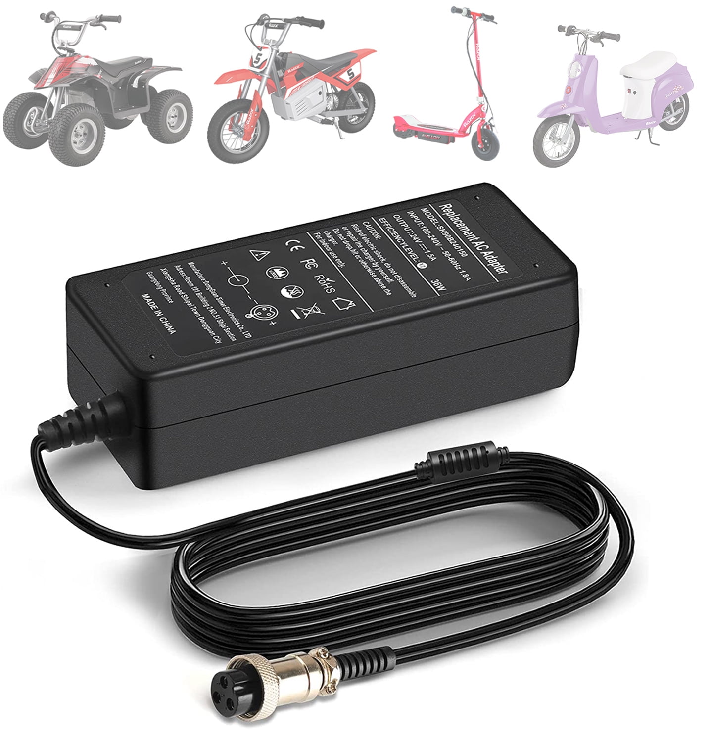 24V Scooter Battery Charger for Razor E100 E125 E150 E200 E200S E175 PR200 ZR350 E225 E225S E300 ...