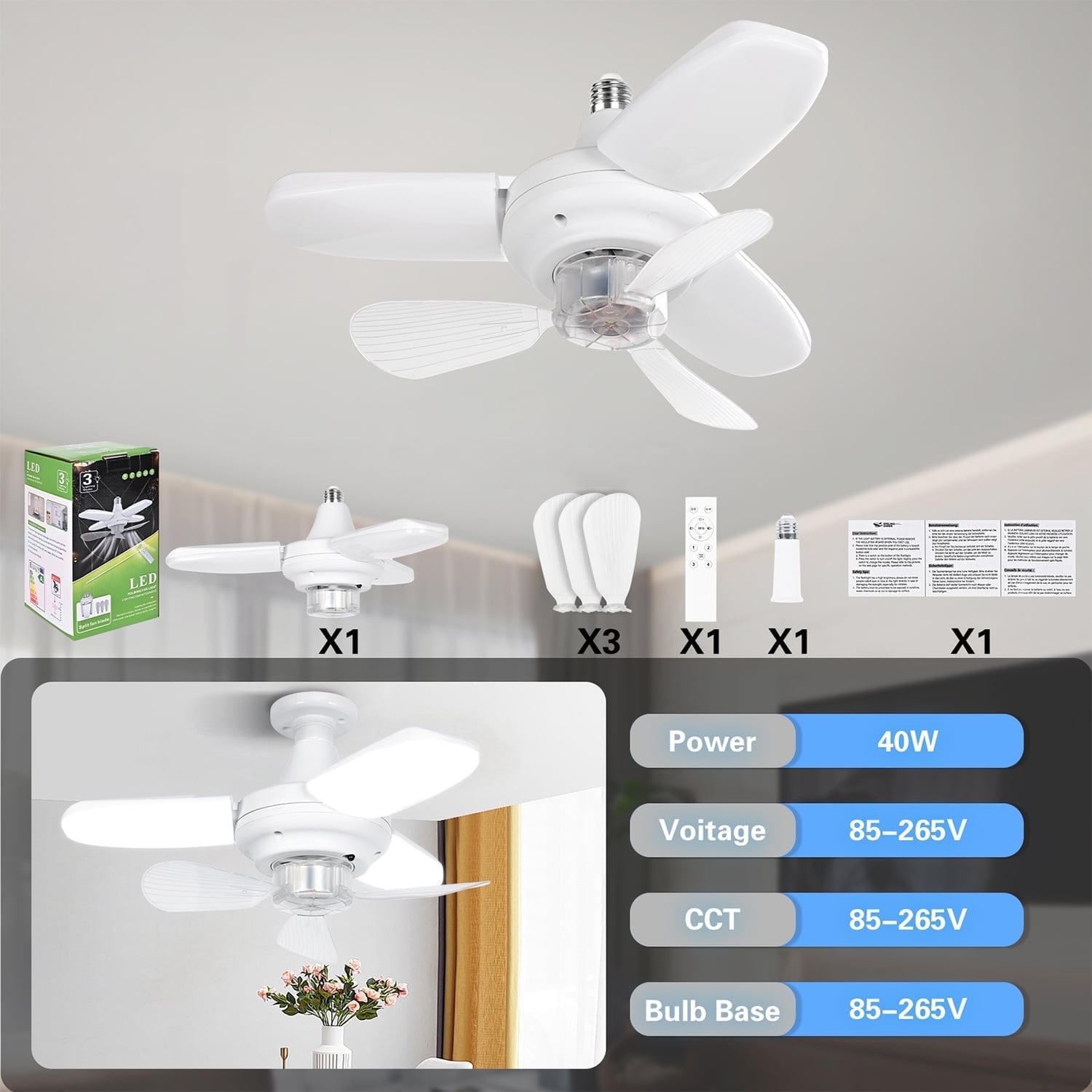 Natubeau 2-in-1 Screw-in Ceiling Fan Light, 40W Deformable Shop Lights ...