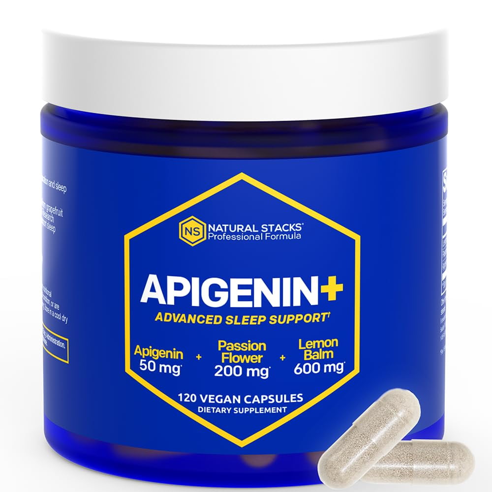 NATURAL STACKS Apigenin Supplement for Sleep - 50mg Apigenin & 600mg Lemon Balm - Melatonin Free ...