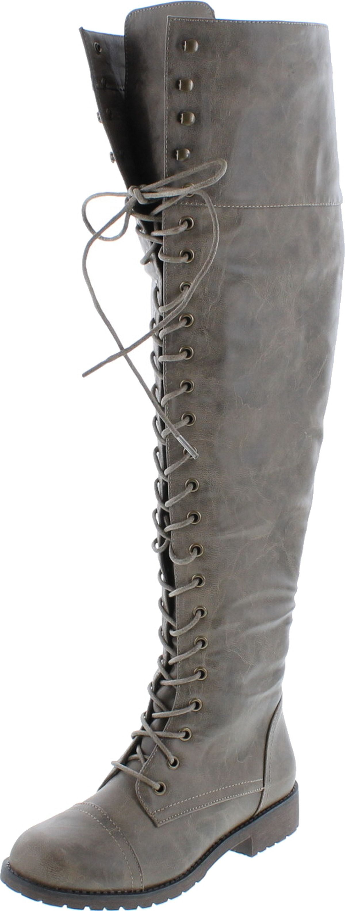 NATURE BREEZE Lug-48 Women's Over The Knee Lace Up Block Heel Boot Half ...